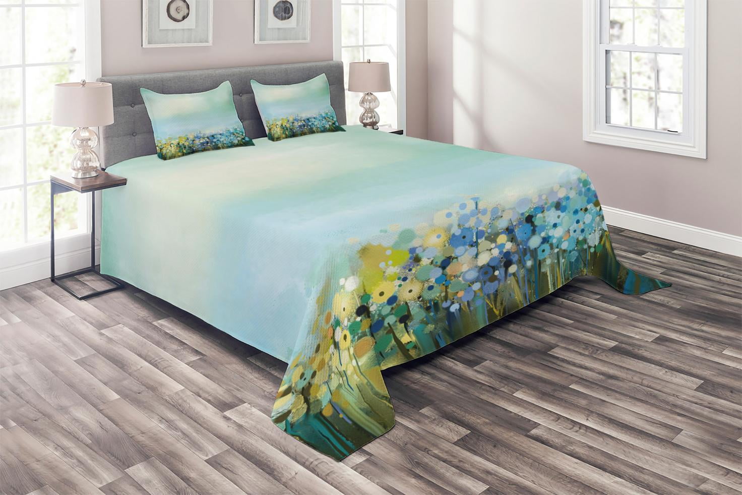 Ambesonne Flowers Quilted Coverlet 3 Pcs, Aqua Painting Effect, King ...