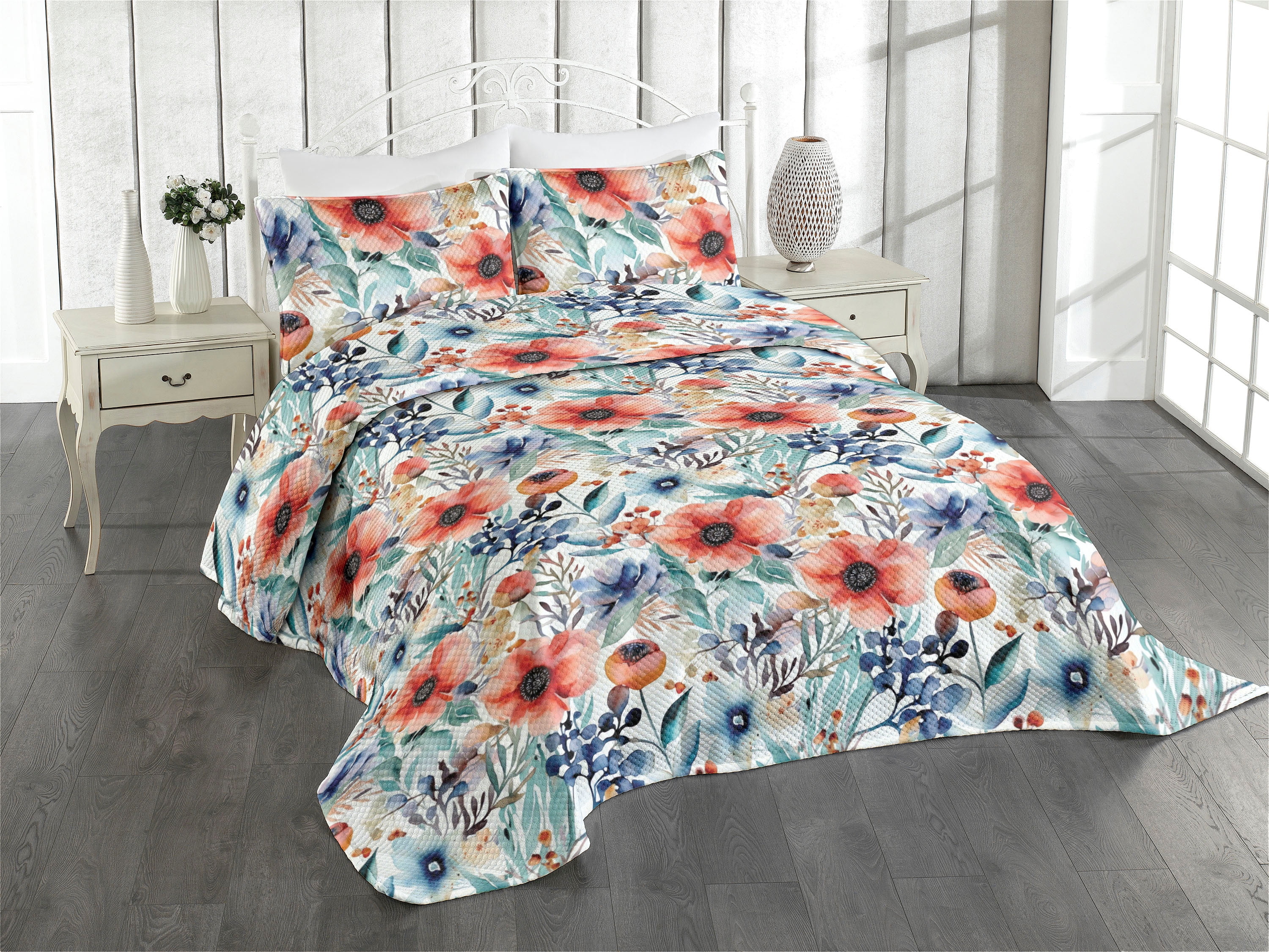 Ambesonne Flowers Quilted Coverlet 3 Pcs, Spring Blooming Floral Art ...