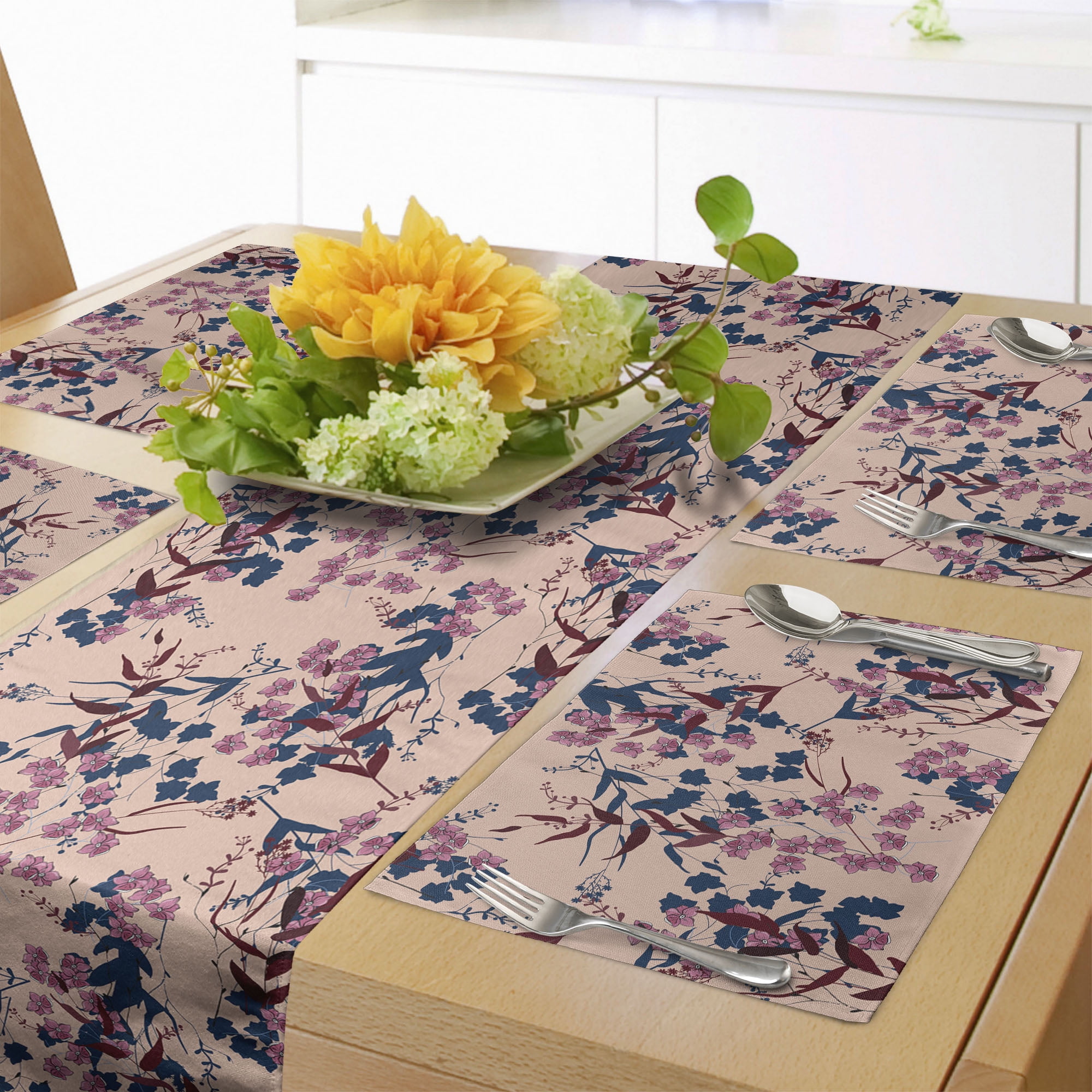 Ambesonne Flowers Table Runner & Placemats, Japanese Style Cherry Flora ...