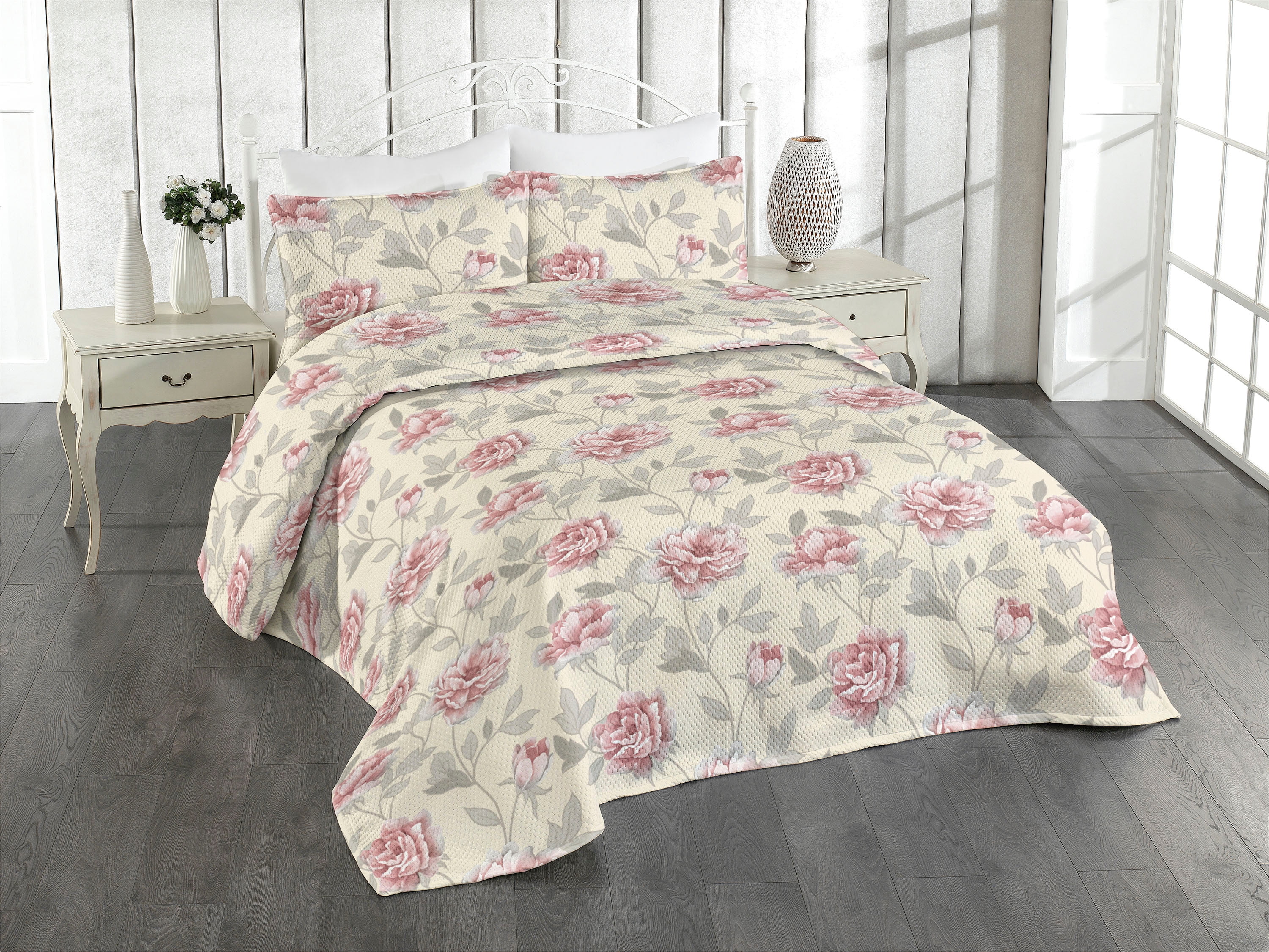 Ambesonne Flowers Vintage Quilted Bedspread Set 3 Pcs, Cottagecore Rose ...