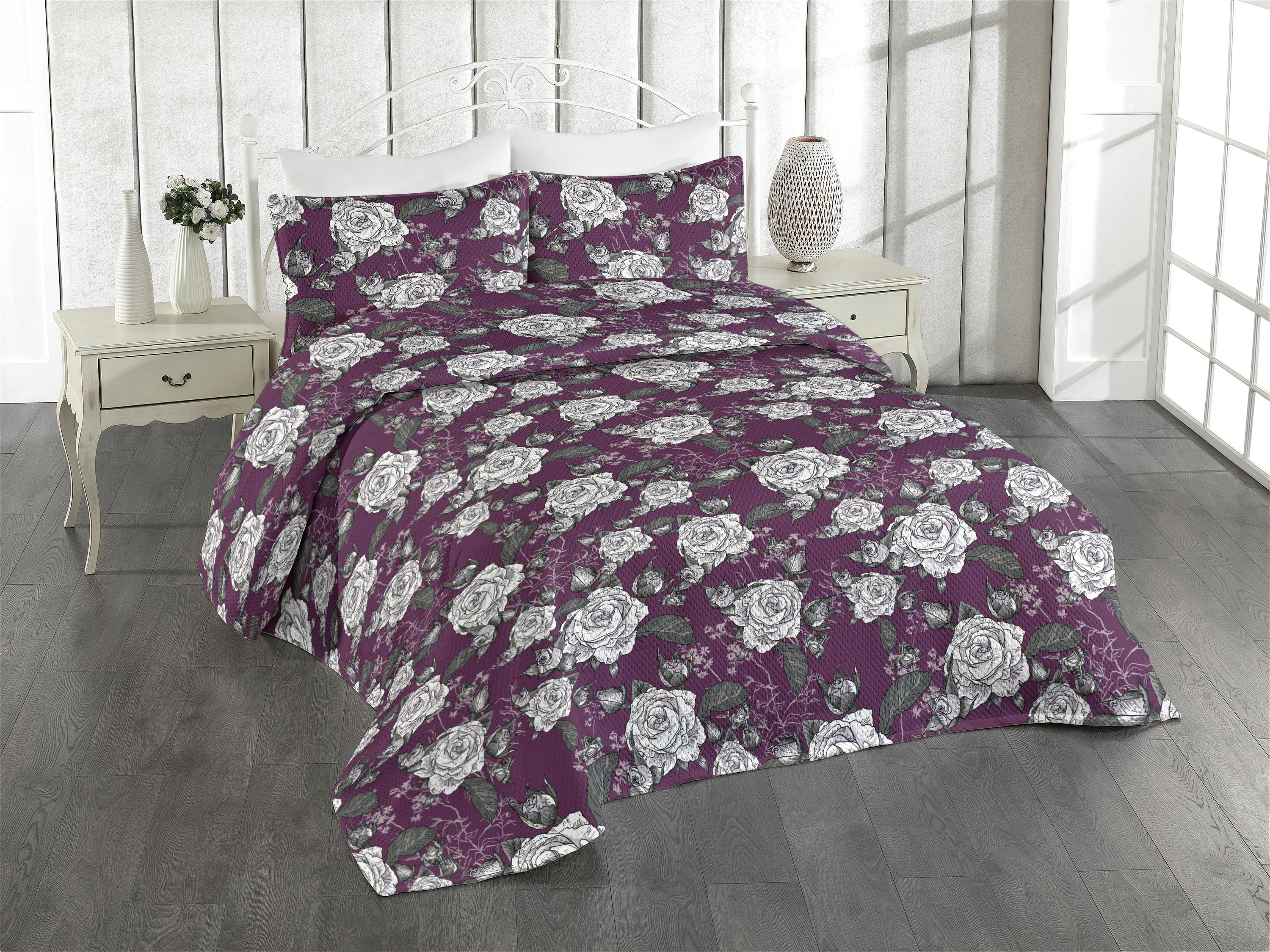 Ambesonne Flowers Vintage Quilted Bedspread Set 3 Pcs, Rose Design ...