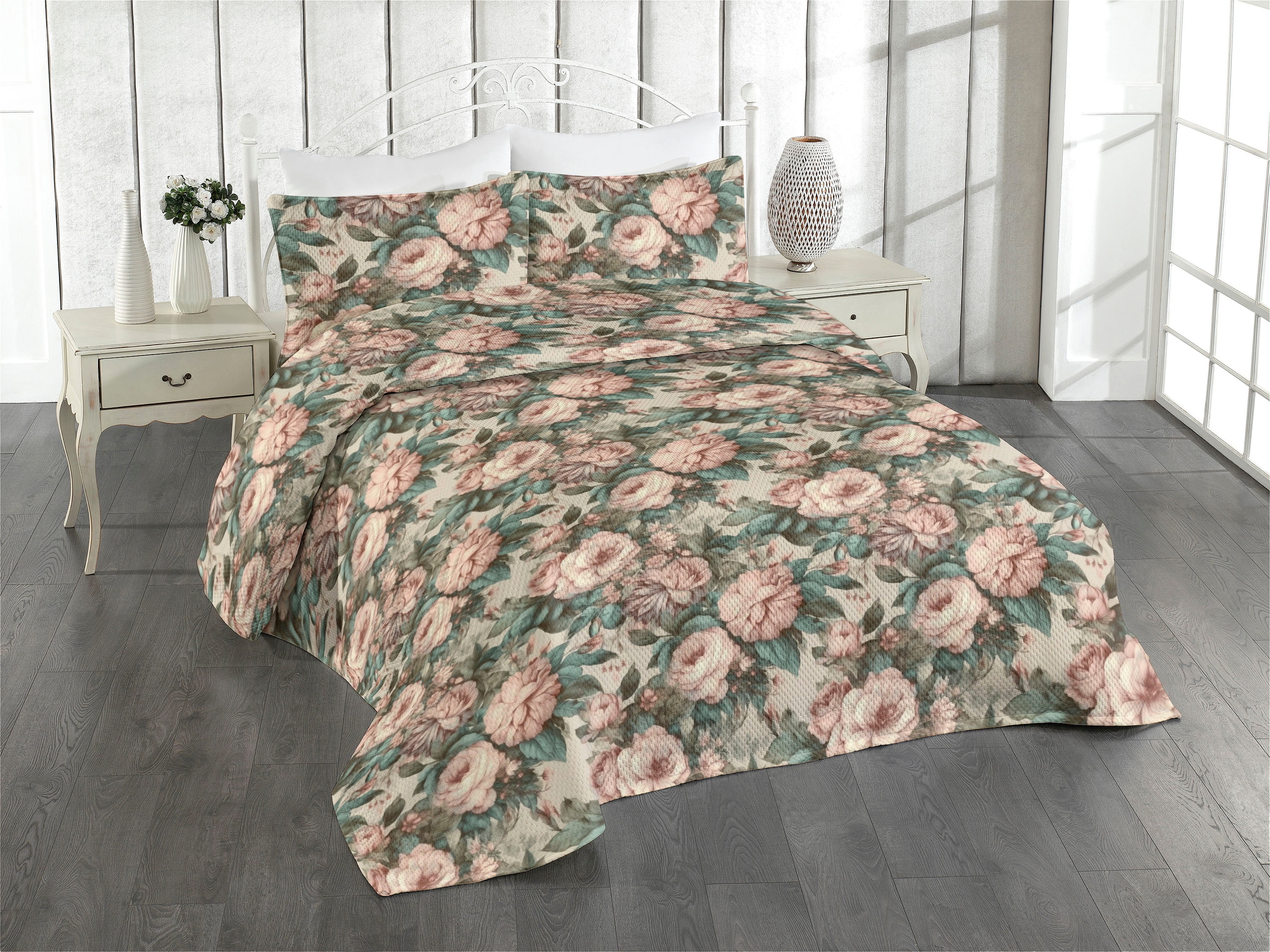 Ambesonne Flowers Vintage Quilted Bedspread Set 3 Pcs, Soft Colors ...