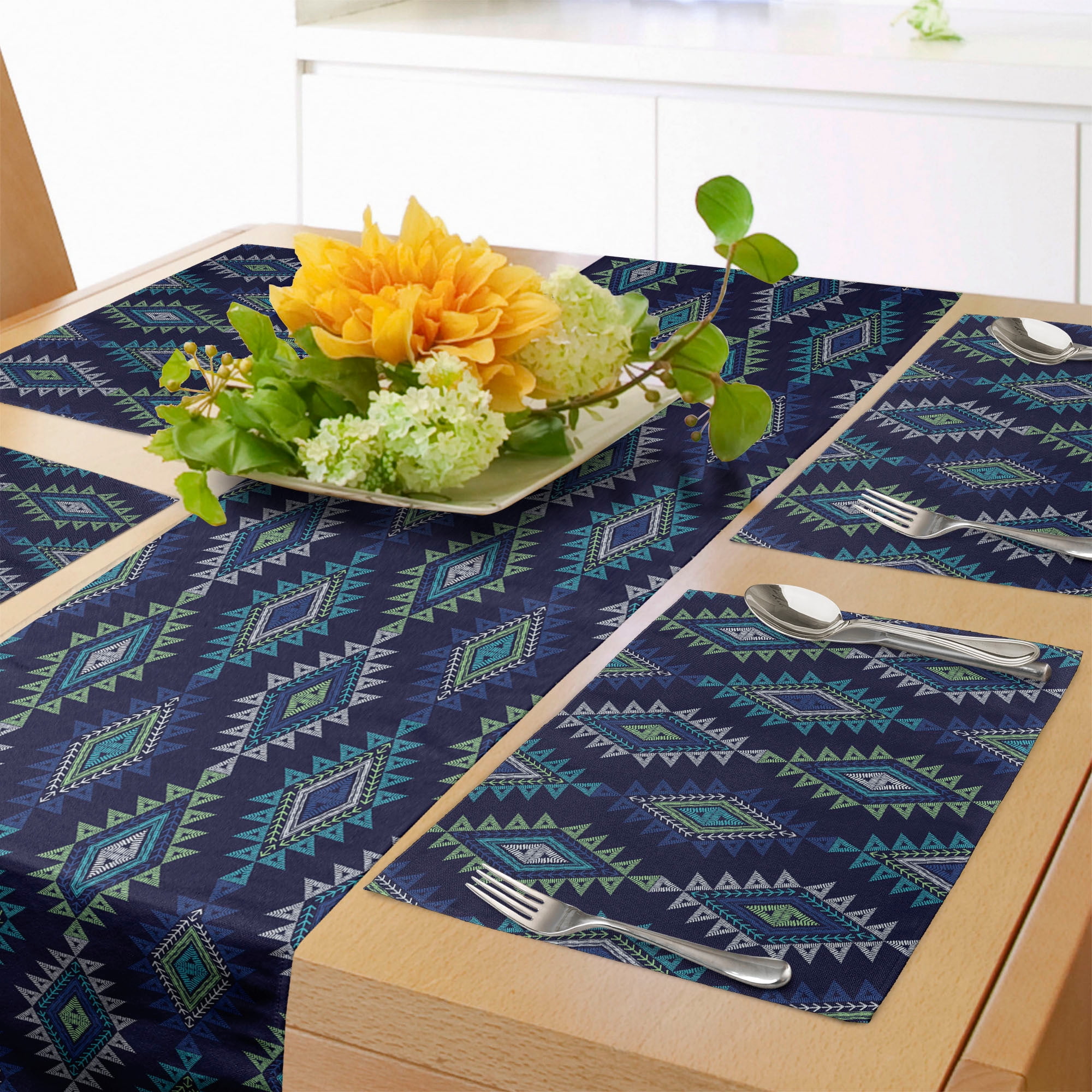 Ambesonne Folk Art Table Runner & Placemats, Abstract Cultural Shapes ...