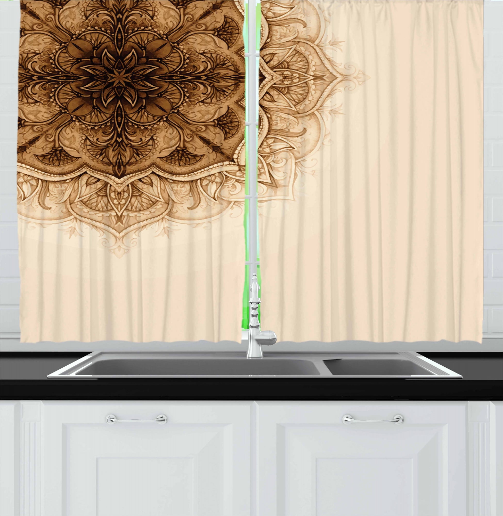 Ambesonne Folk Kitchen Curtains, Oriental Mandala Illustration, 55"x45 ...