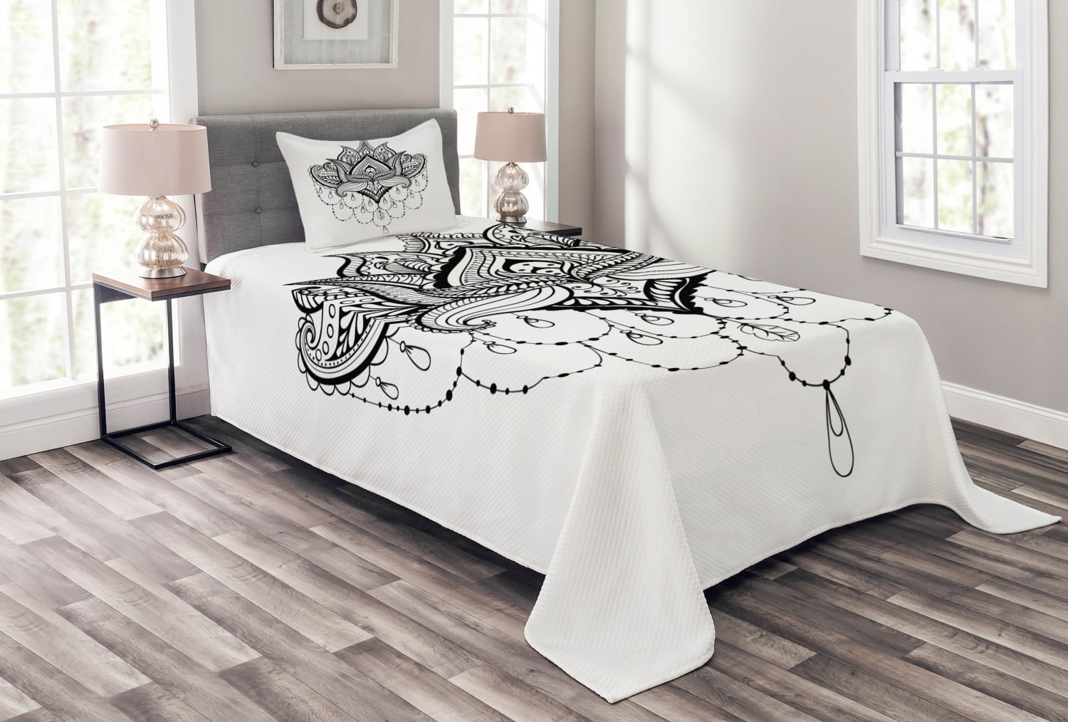 Ambesonne Folk Quilted Bedspread Set 2 Pcs, Lotus Flower Culture, Twin ...