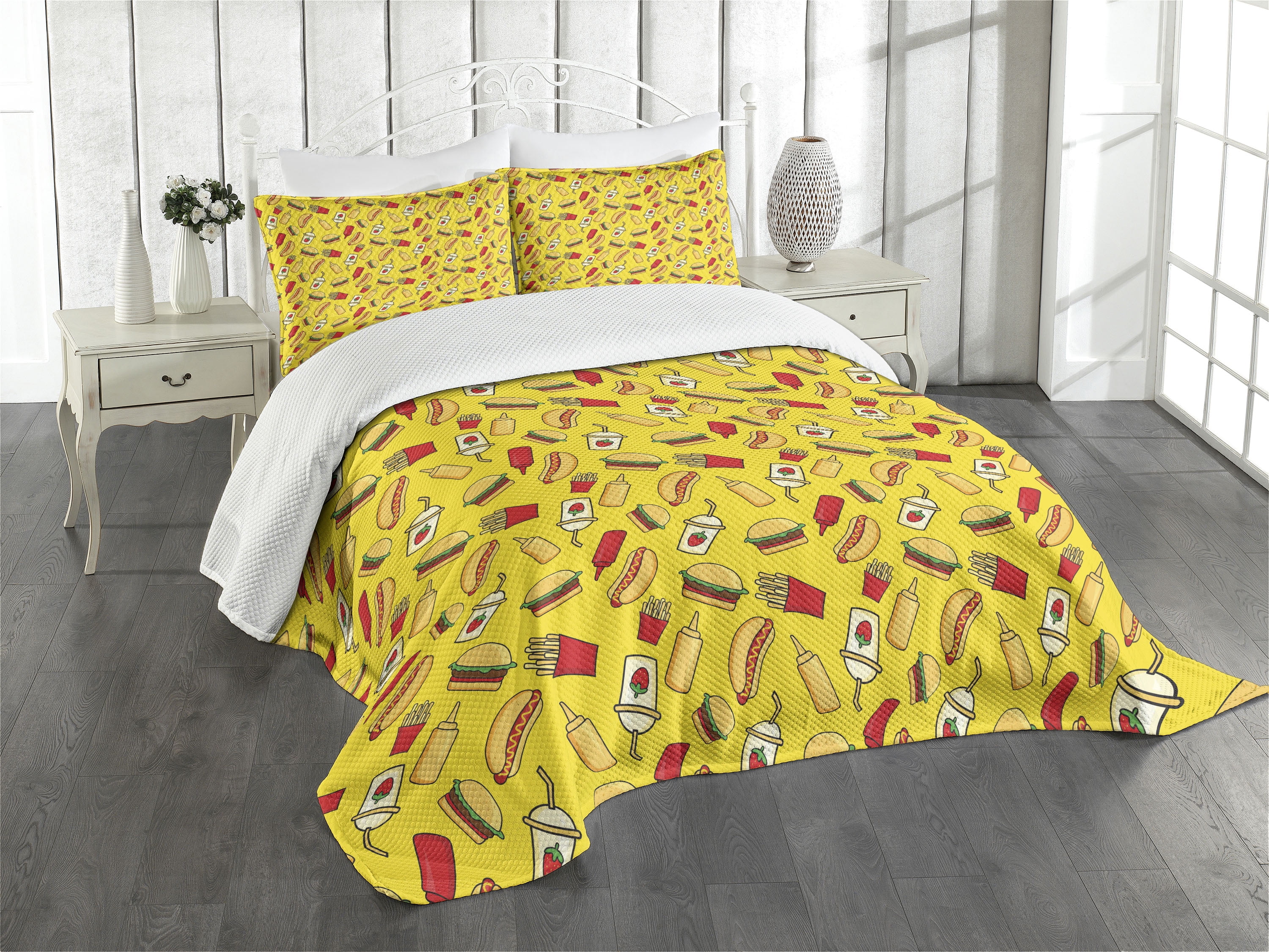 Ambesonne Food Quilted Bedspread Set 3 Pcs, Funny Cartoonish Fast Food ...