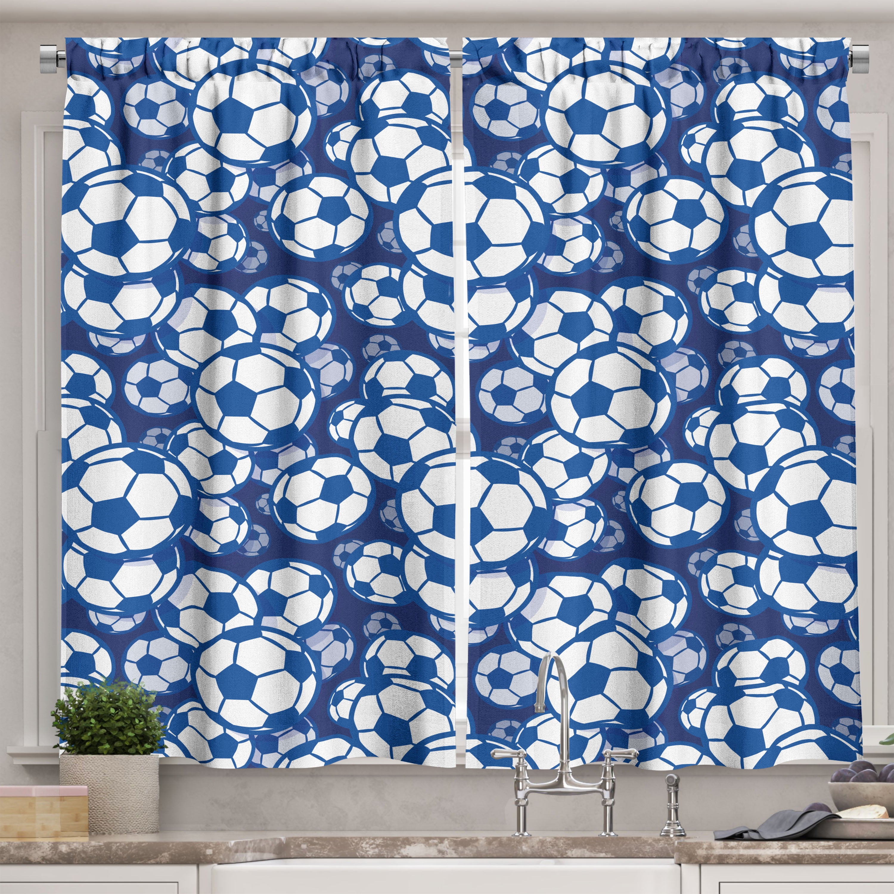 Ambesonne Football Kitchen Curtains, Soccer Balls Team Game, 55"x30 ...