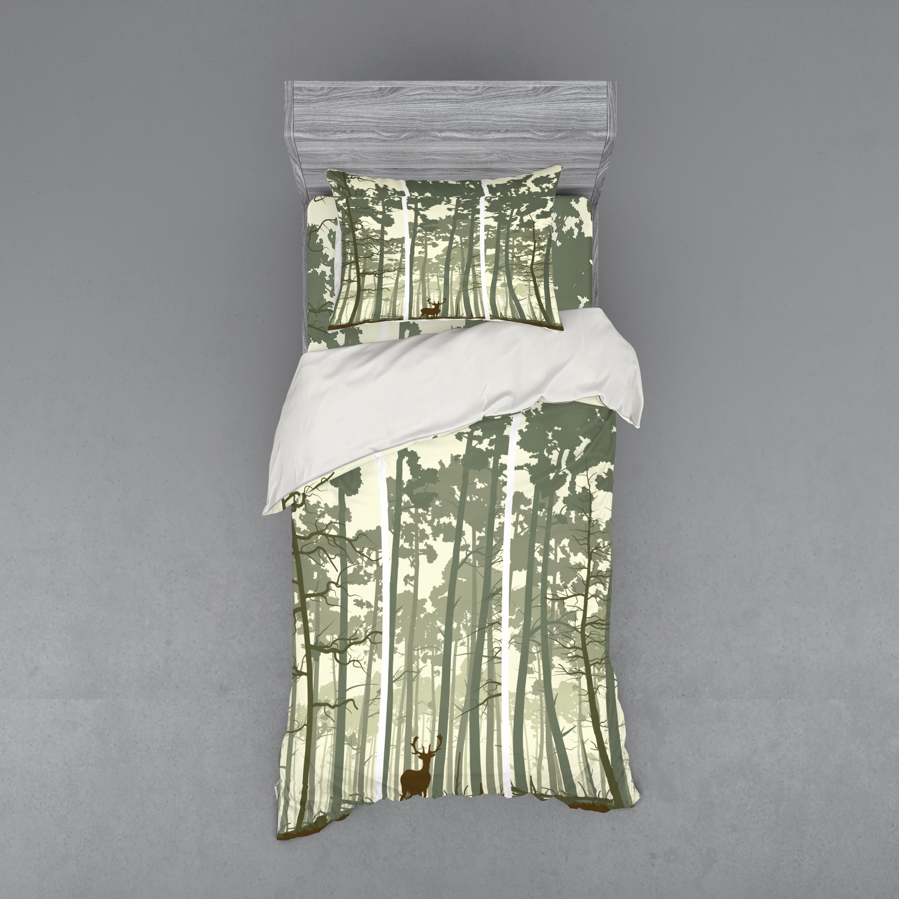 Ambesonne Forest Bedding Set 3 Pcs, Pine Trees Deer Motif, Twin, Sage ...
