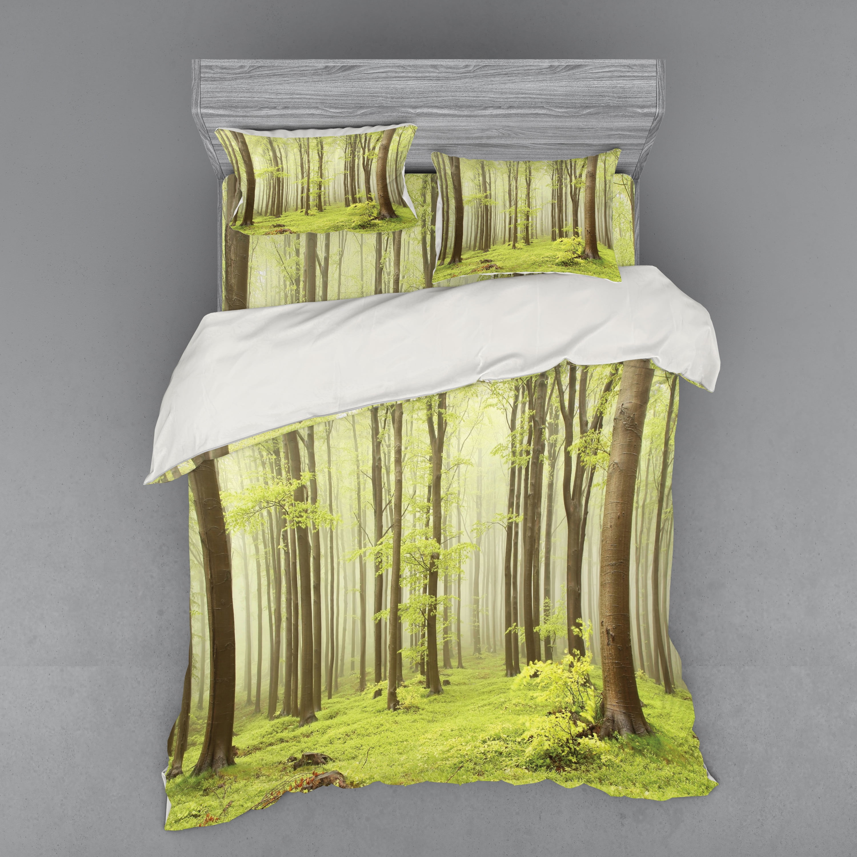 Ambesonne Forest Bedding Set 4 Pcs, Misty Spring Nature, Queen, Green ...