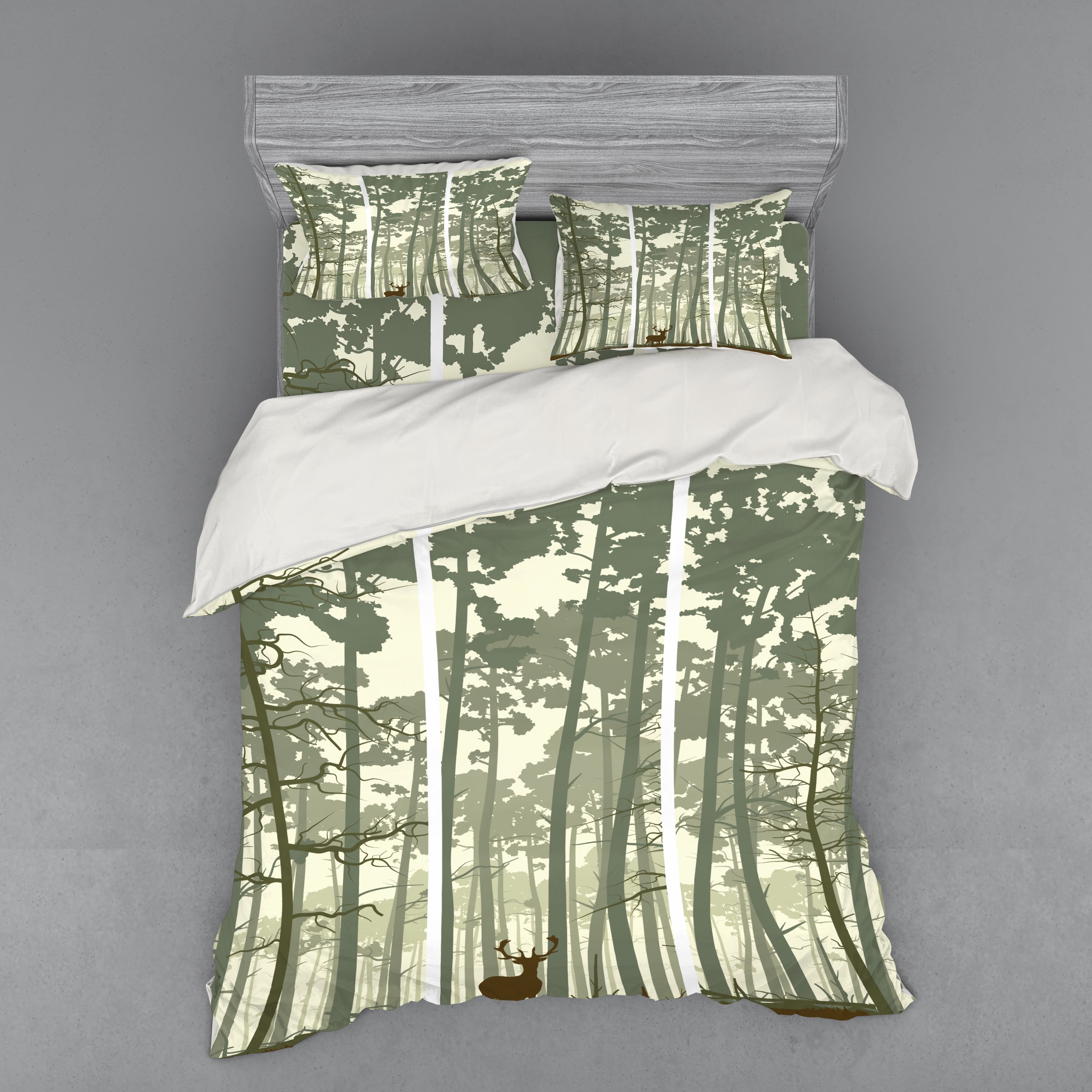 Ambesonne Forest Bedding Set 4 Pcs, Pine Trees Deer Motif, Queen, Sage ...