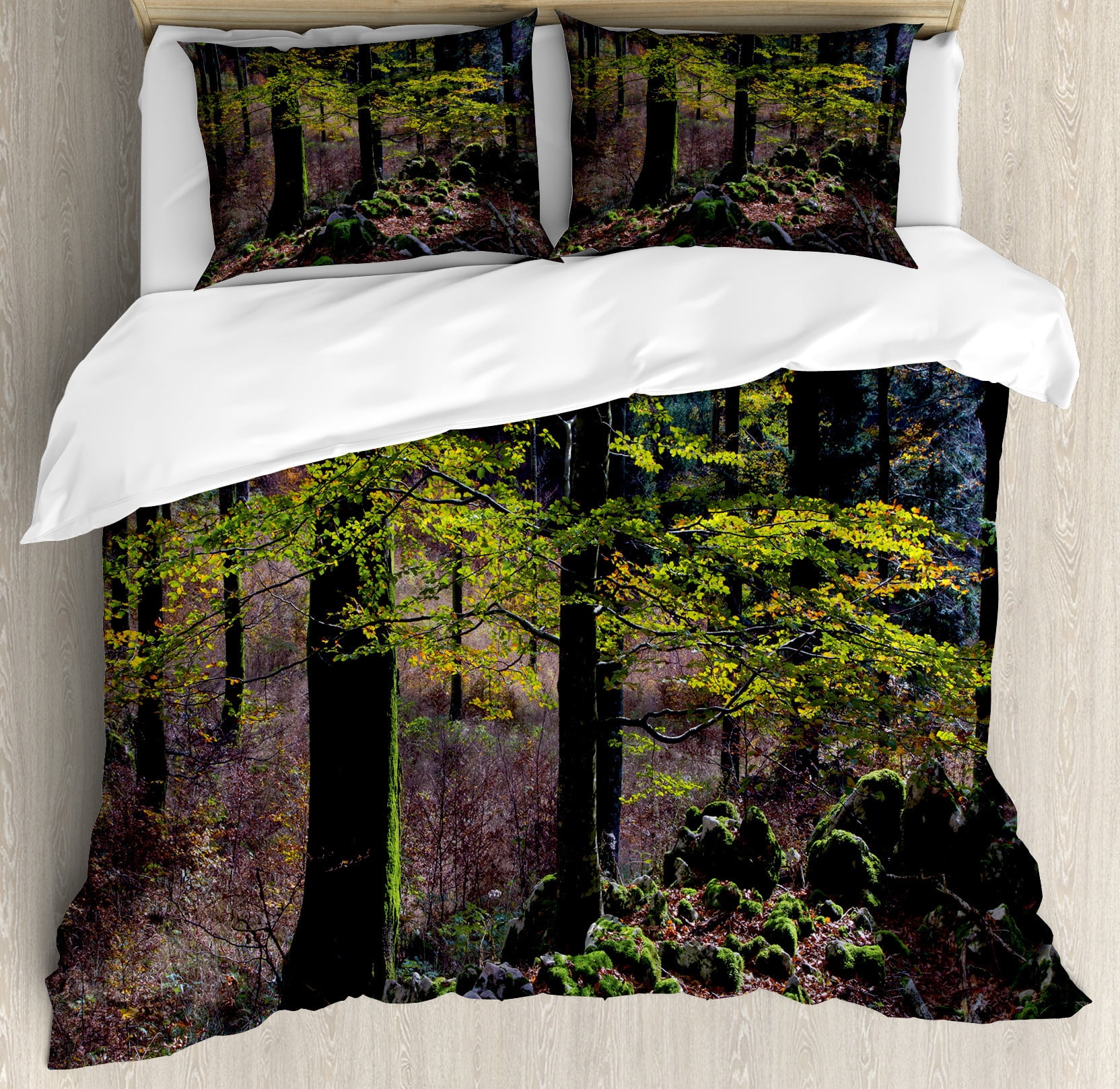Ambesonne Forest Duvet Cover Set, Trees Autumn Wilderness, King, Green ...