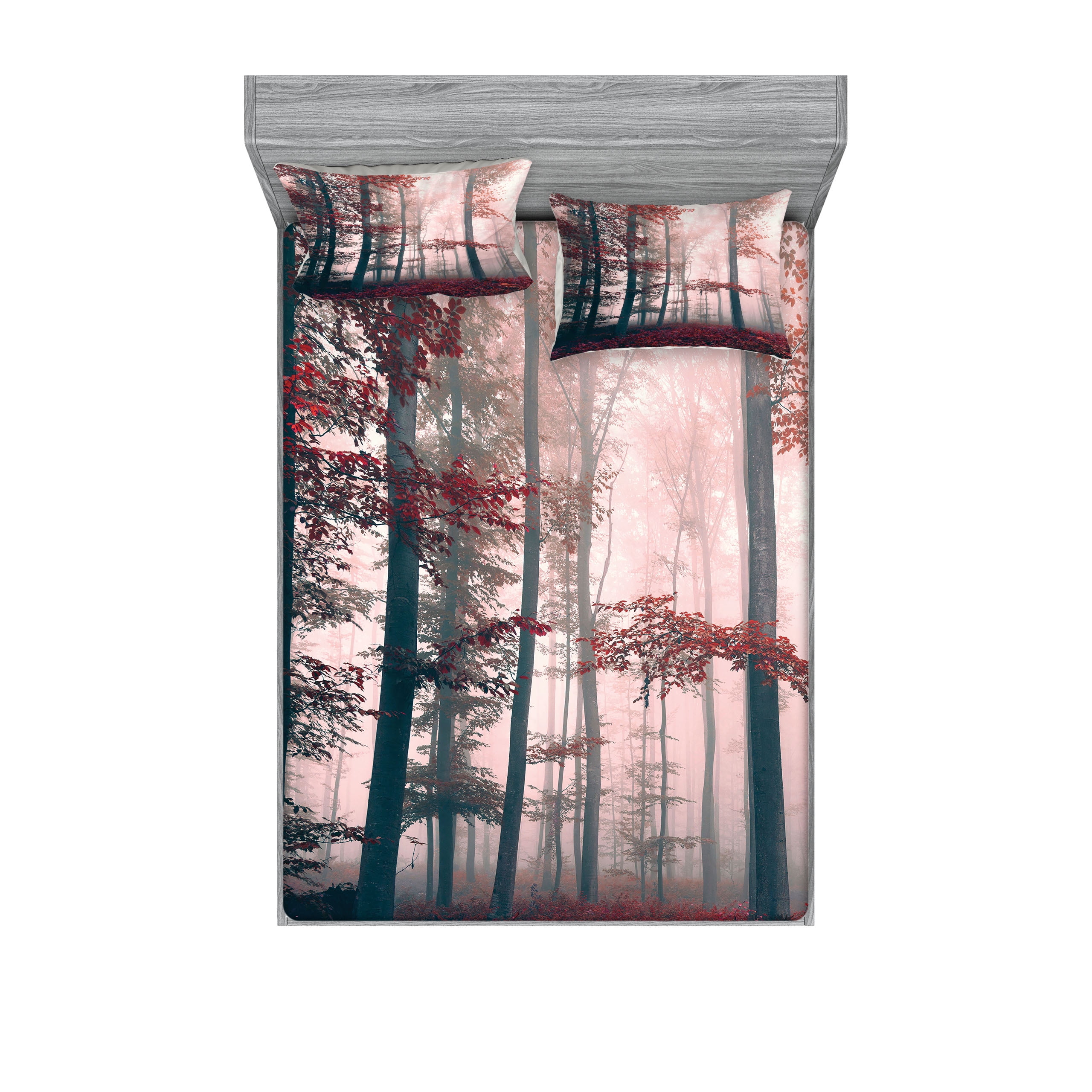 Ambesonne Forest Fitted Sheet & Pillow Sham Set, Autumn Fall Nature ...