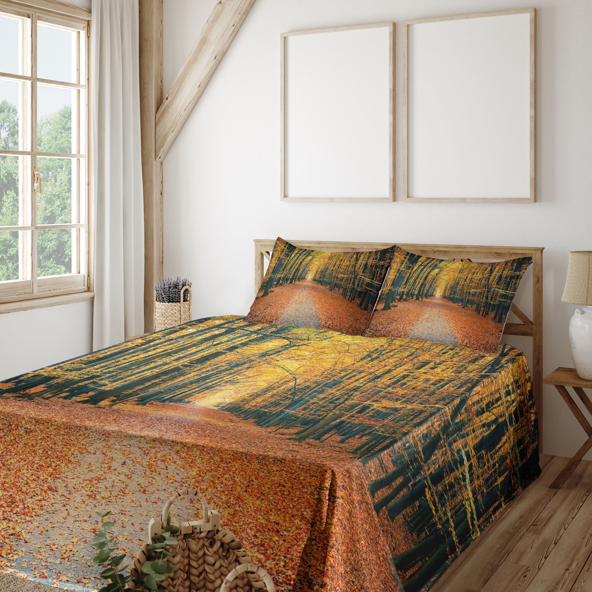 Ambesonne Forest Fitted & Top Sheet Set with Shams, Romantic Alley ...