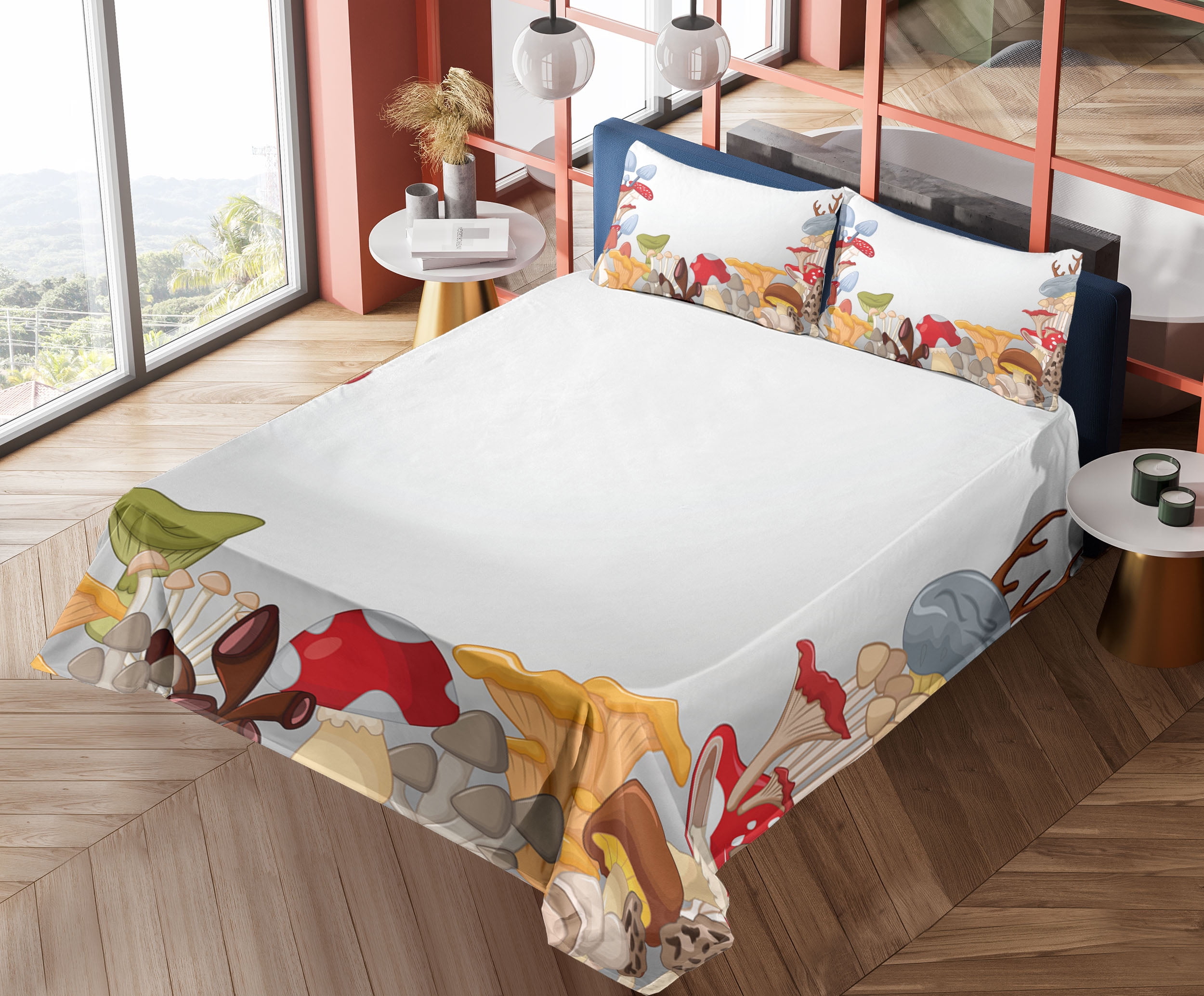 Ambesonne Forest Fitted & Top Sheet Set with Shams, Wild Mushrooms ...