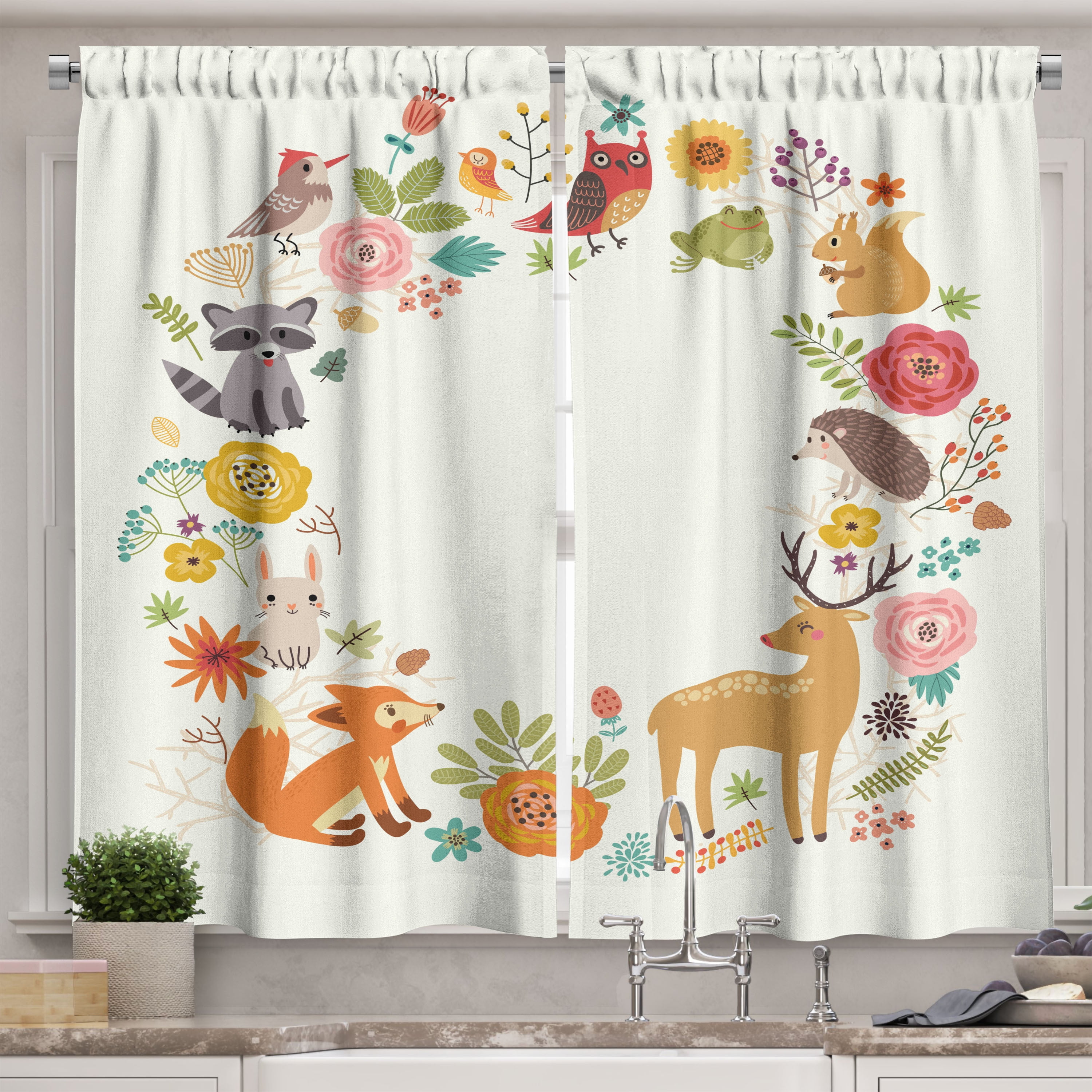 Ambesonne Forest Kitchen Curtains, Cartoon Wildlife Pattern, 55"x39 ...