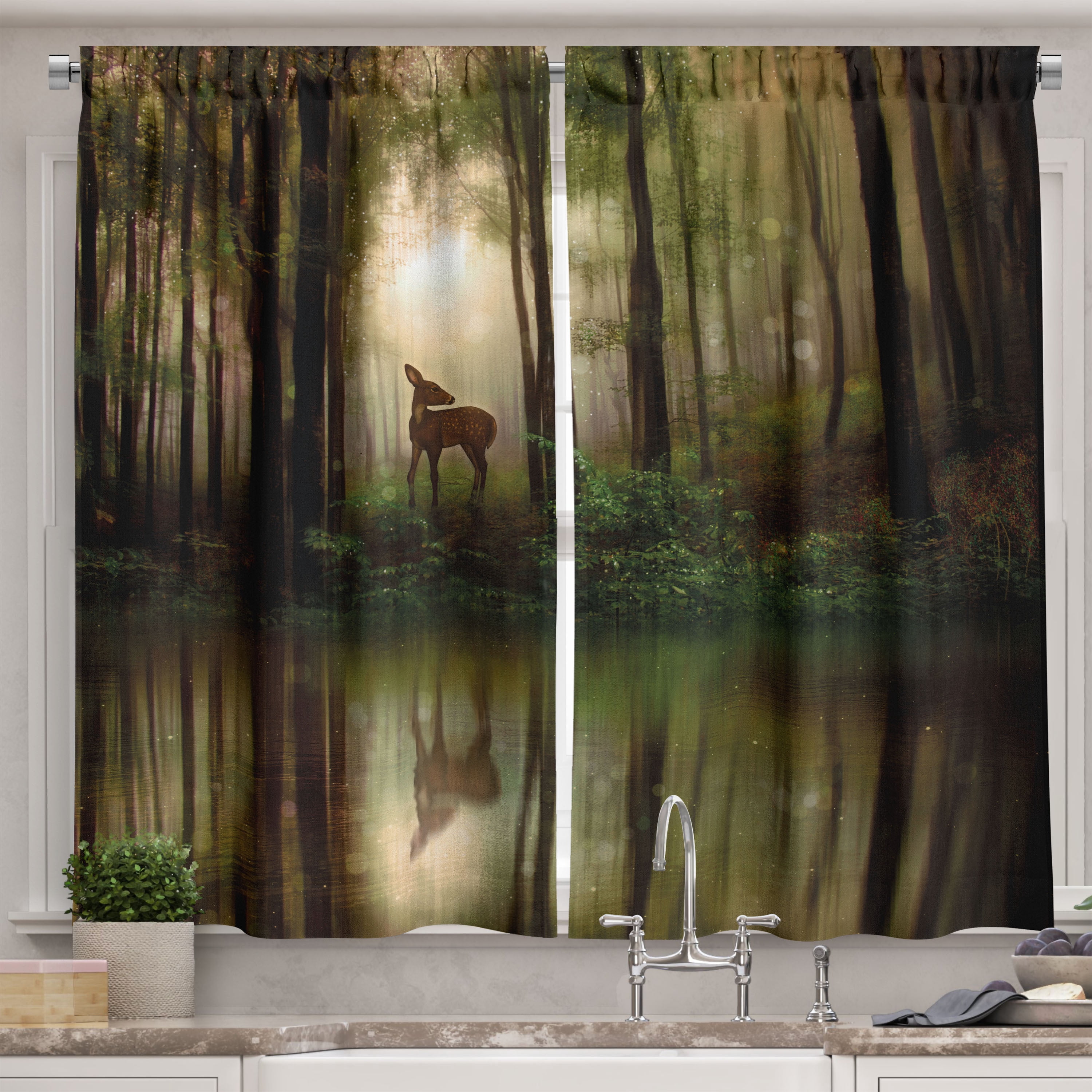 Ambesonne Forest Kitchen Curtains, Deer Foggy Lake, 55"x39", Fern Green ...