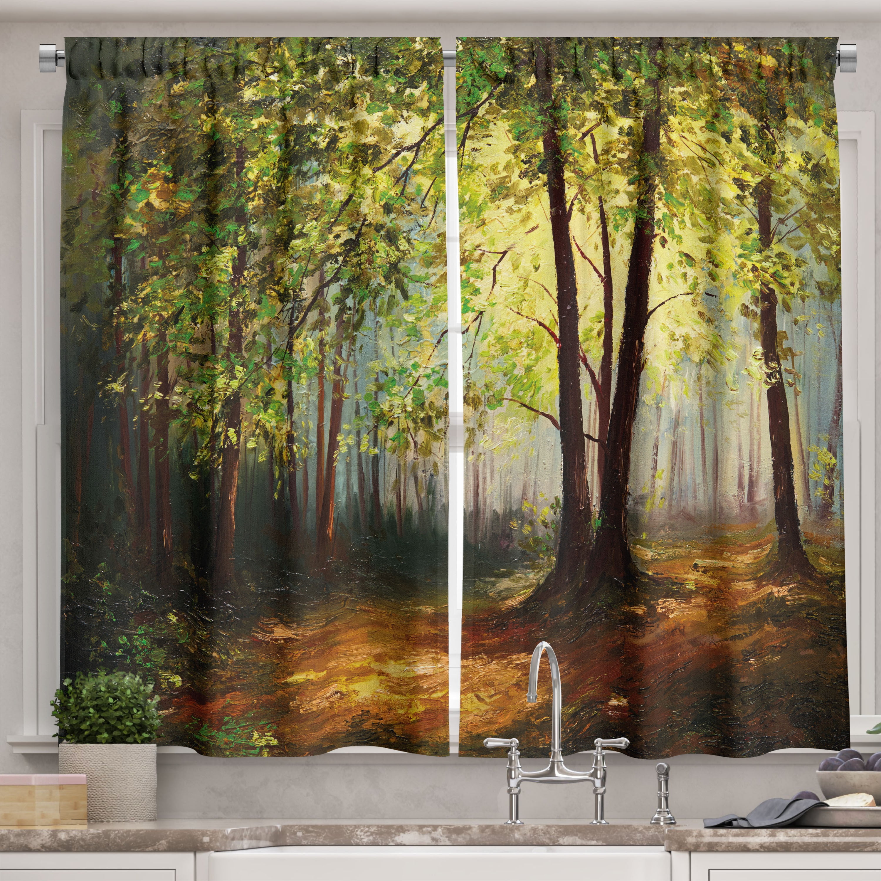 Ambesonne Forest Kitchen Curtains, Spring Woodland Trees, 55"x39", Fern ...