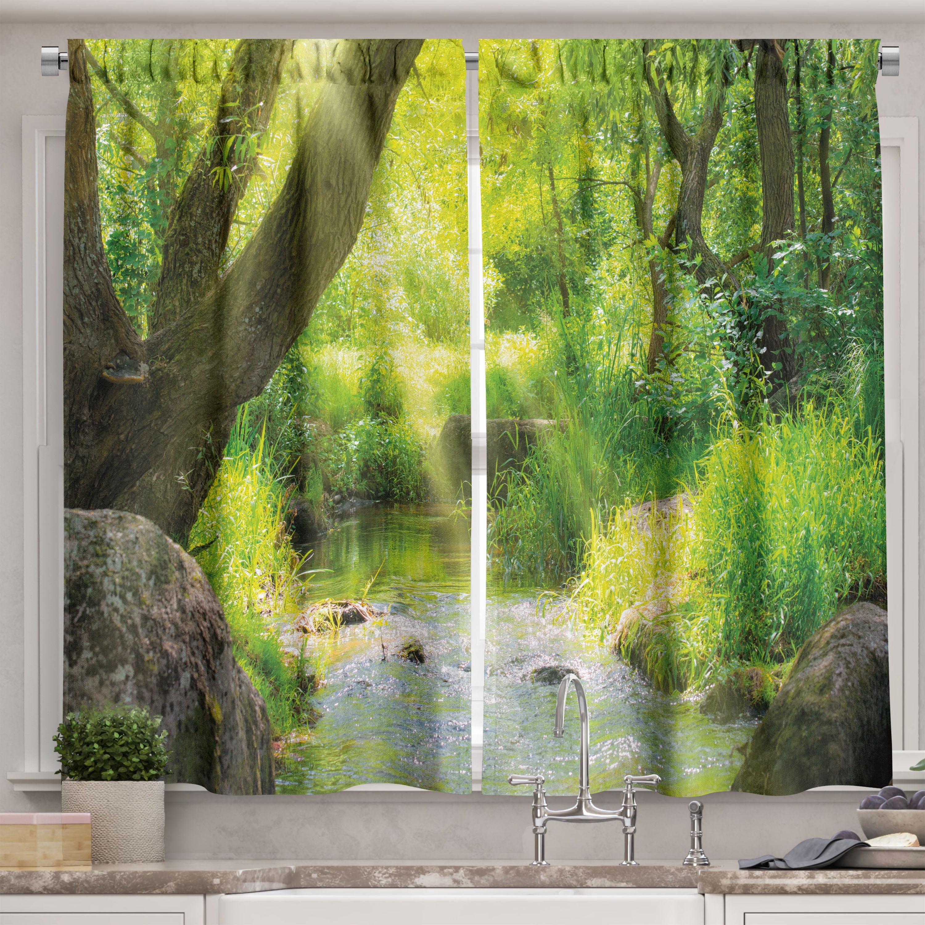 Ambesonne Forest Kitchen Curtains, Stream Cascade Tropical, 55"x39 ...