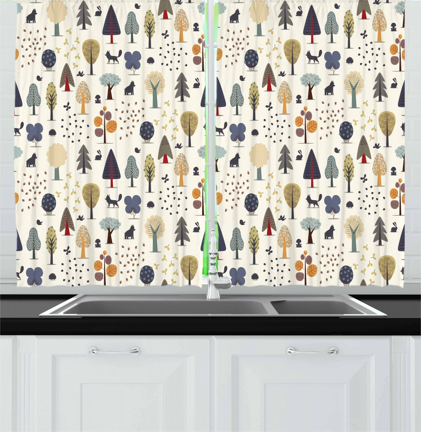 Ambesonne Forest Kitchen Curtains, Woodland Trees Animals, 55"x39 ...