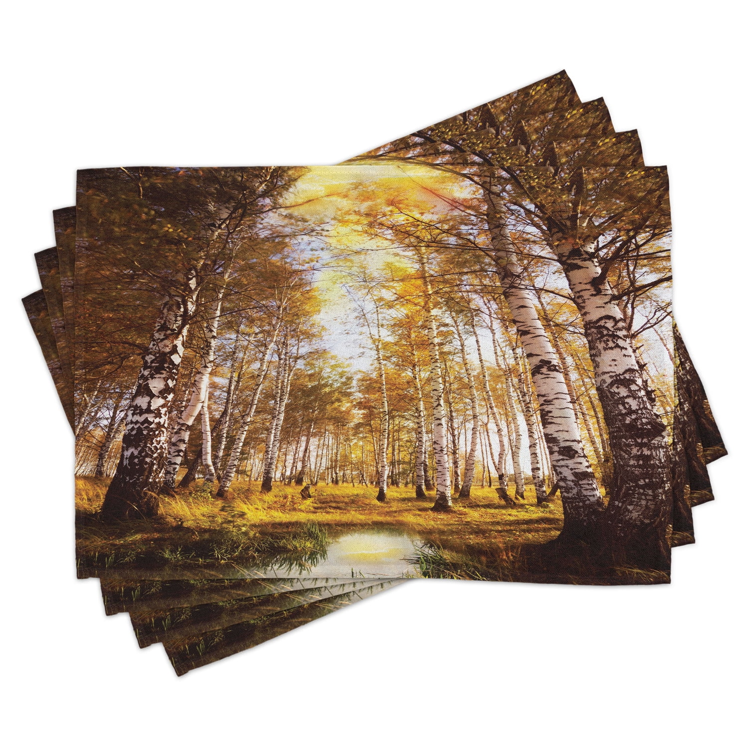 Ambesonne Forest Place Mats Set of 4, Autumn Birch Trees River ...