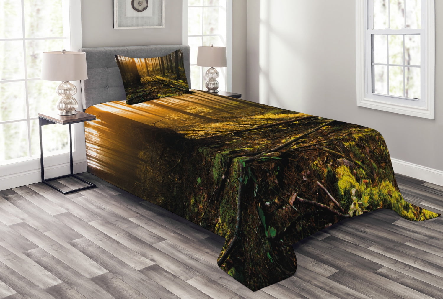 Ambesonne Forest Quilted Bedspread Set 2 Pcs, Misty Morning Sun Rays ...