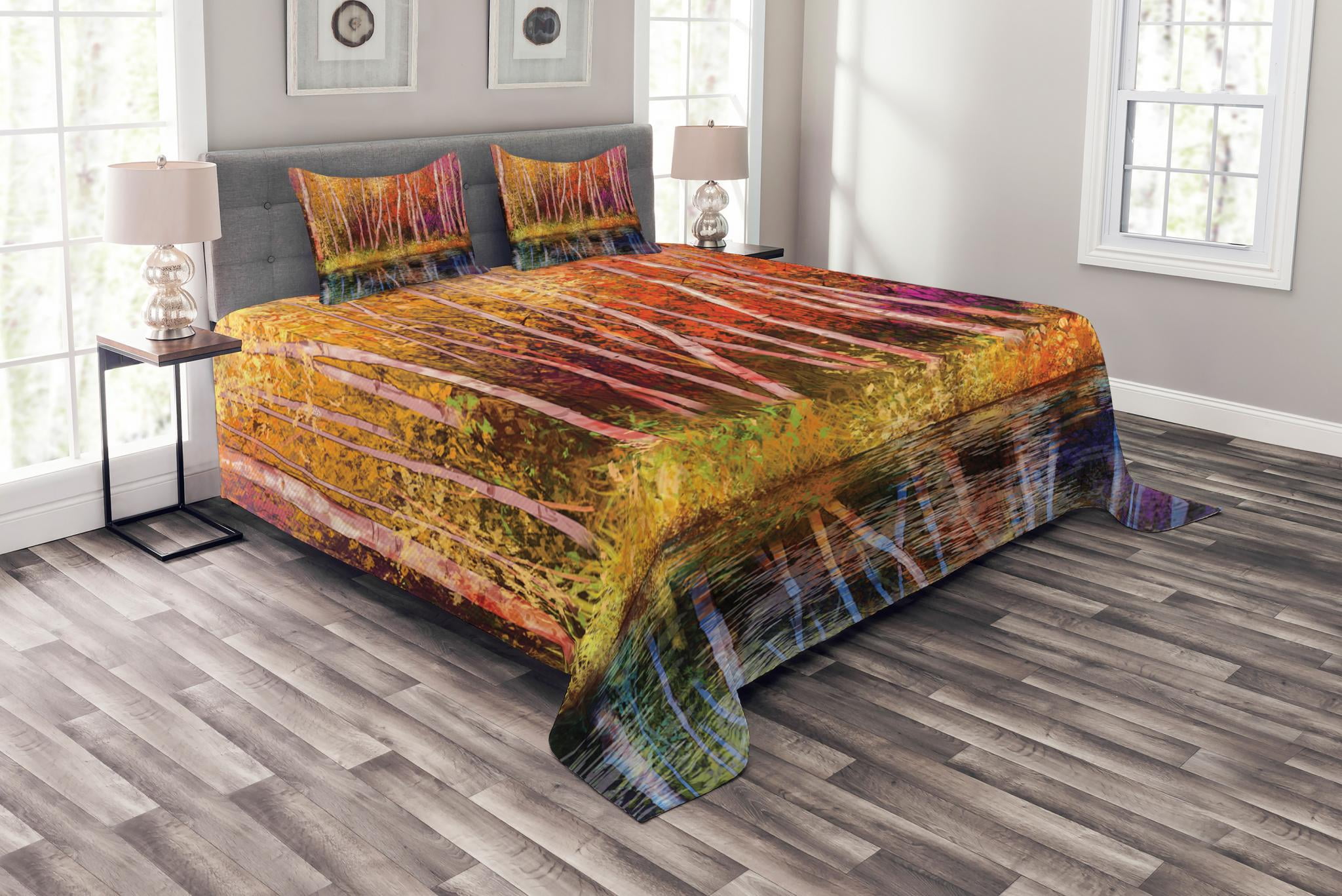 Ambesonne Forest Quilted Bedspread Set 3 Pcs, Autumn Trees by Lake ...