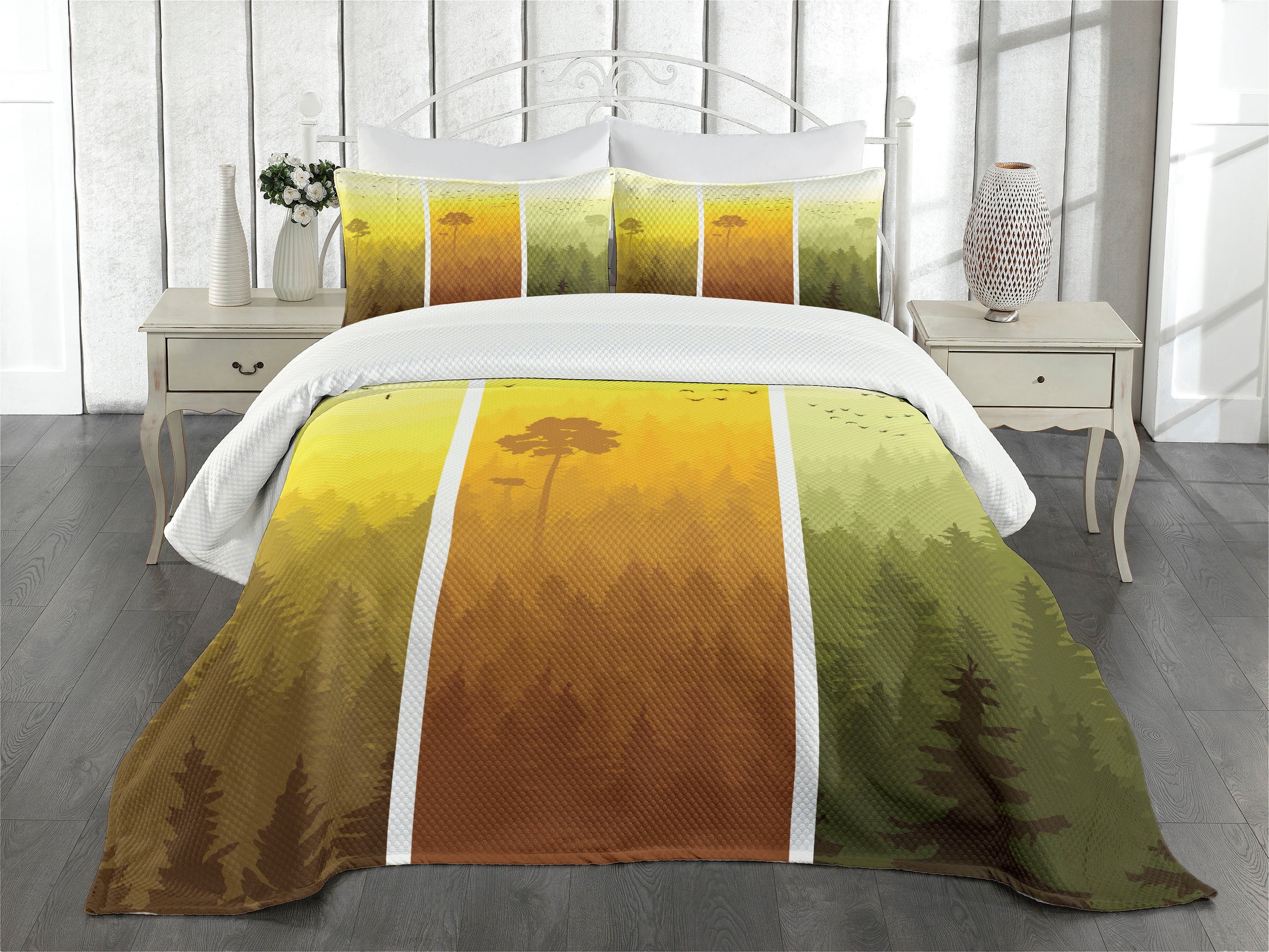 Ambesonne Forest Quilted Bedspread Set 3 Pcs, Hills Trees and Birds ...