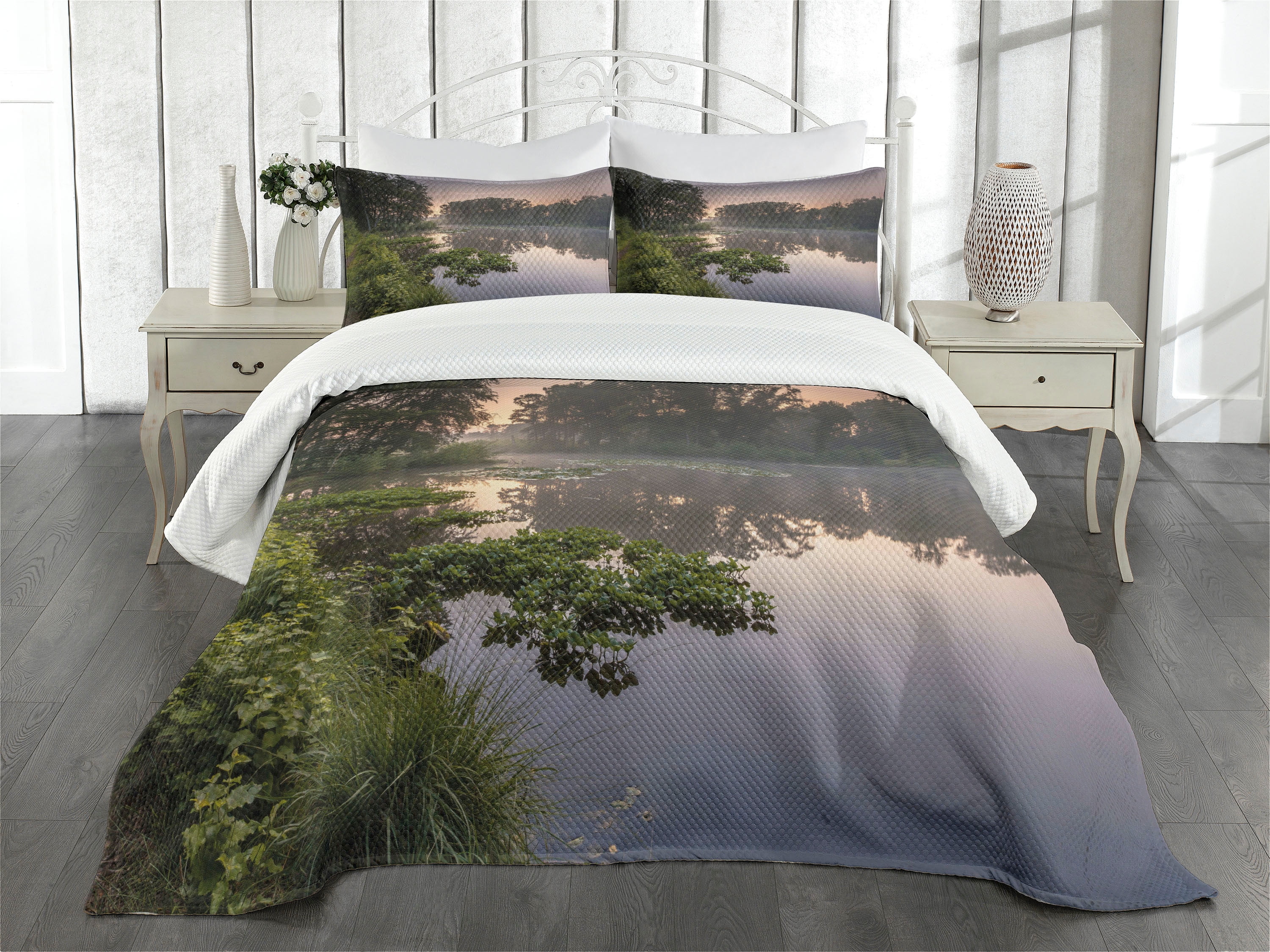 Ambesonne Forest Quilted Bedspread Set 3 Pcs, Lake Natura Netherlands ...