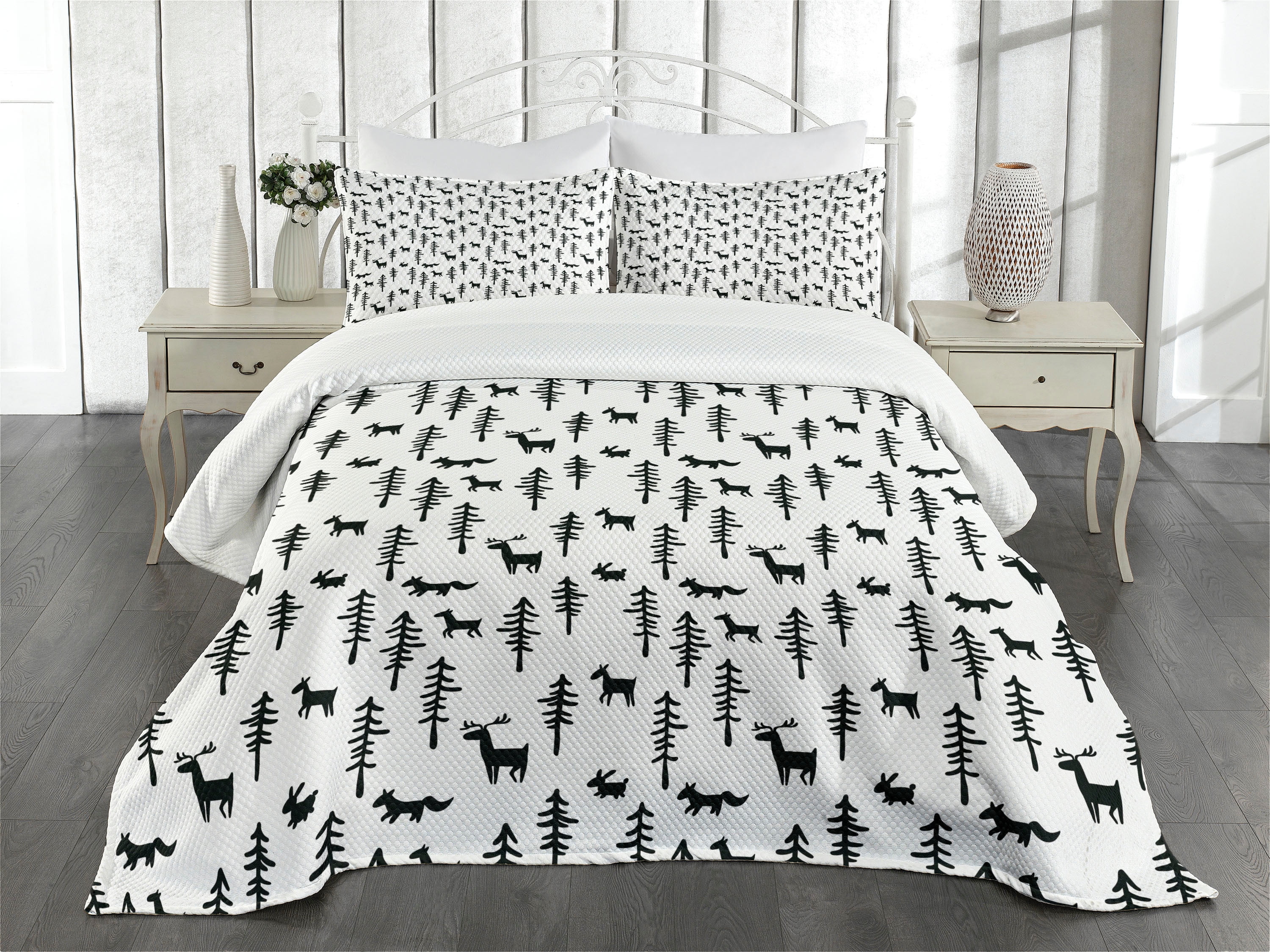 Ambesonne Forest Quilted Bedspread Set 3 Pcs, Pine Trees Rabbit Animal ...
