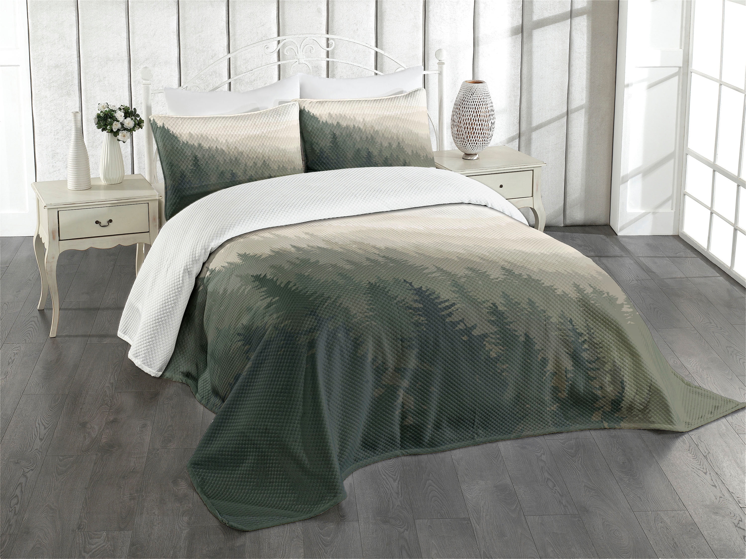 Ambesonne Forest Quilted Bedspread Set 3 Pcs, Scandinavian Nature, King ...