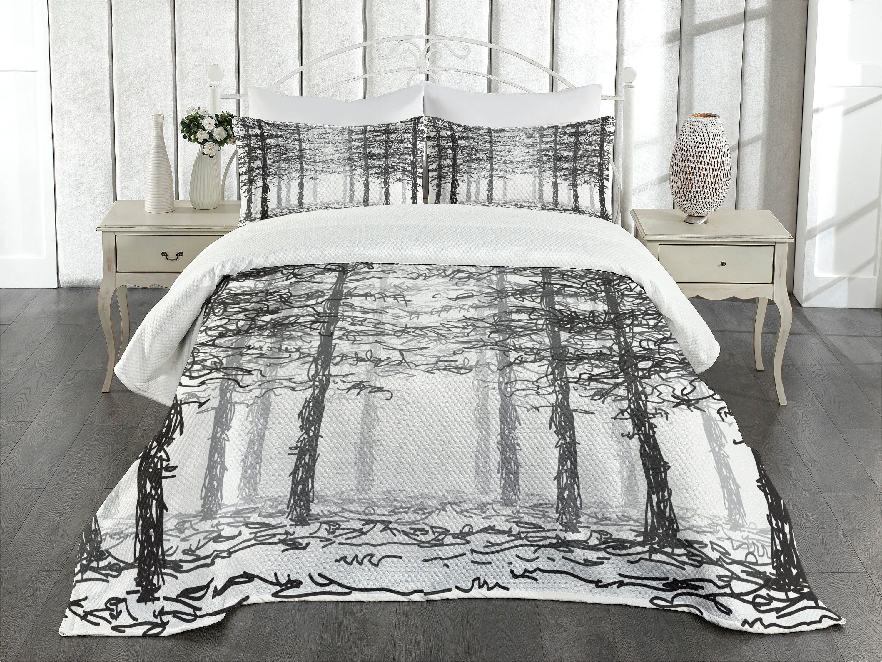 Ambesonne Forest Quilted Bedspread Set 3 Pcs, Sketch Style Line Art ...