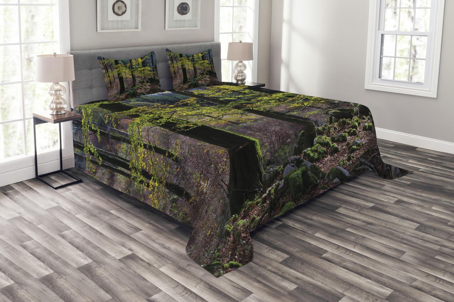 Ambesonne Forest Quilted Bedspread Set 3 Pcs, Trees Autumn Wilderness ...