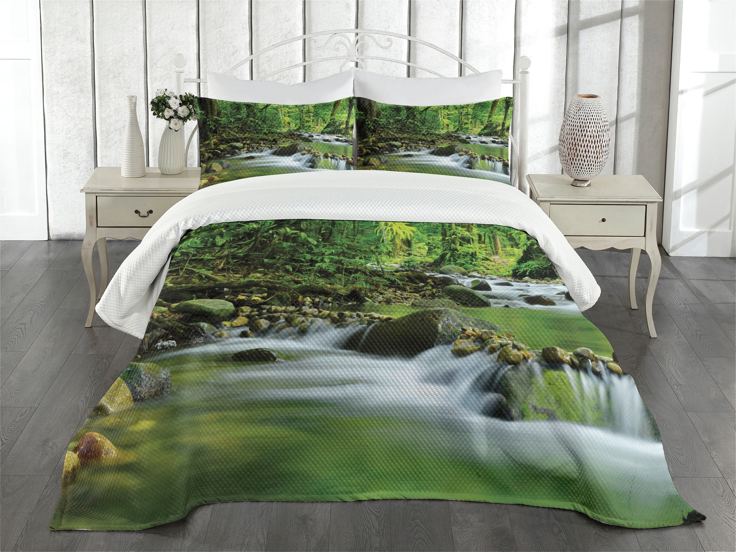 Ambesonne Forest Quilted Bedspread Set 3 Pcs, Tropic Mountain Stream ...