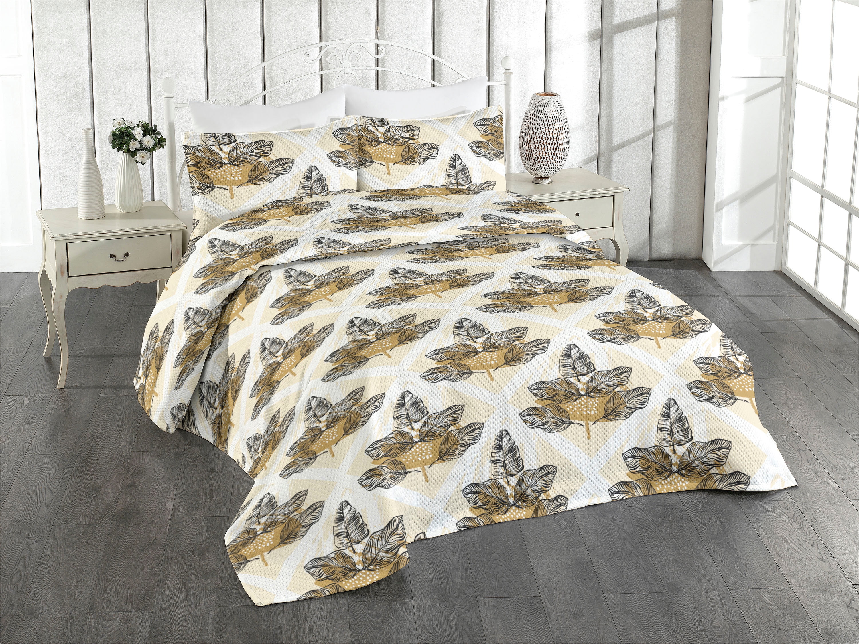 Ambesonne Forest Quilted Bedspread Set 3 Pcs, Tropical Leaf Sketchy ...