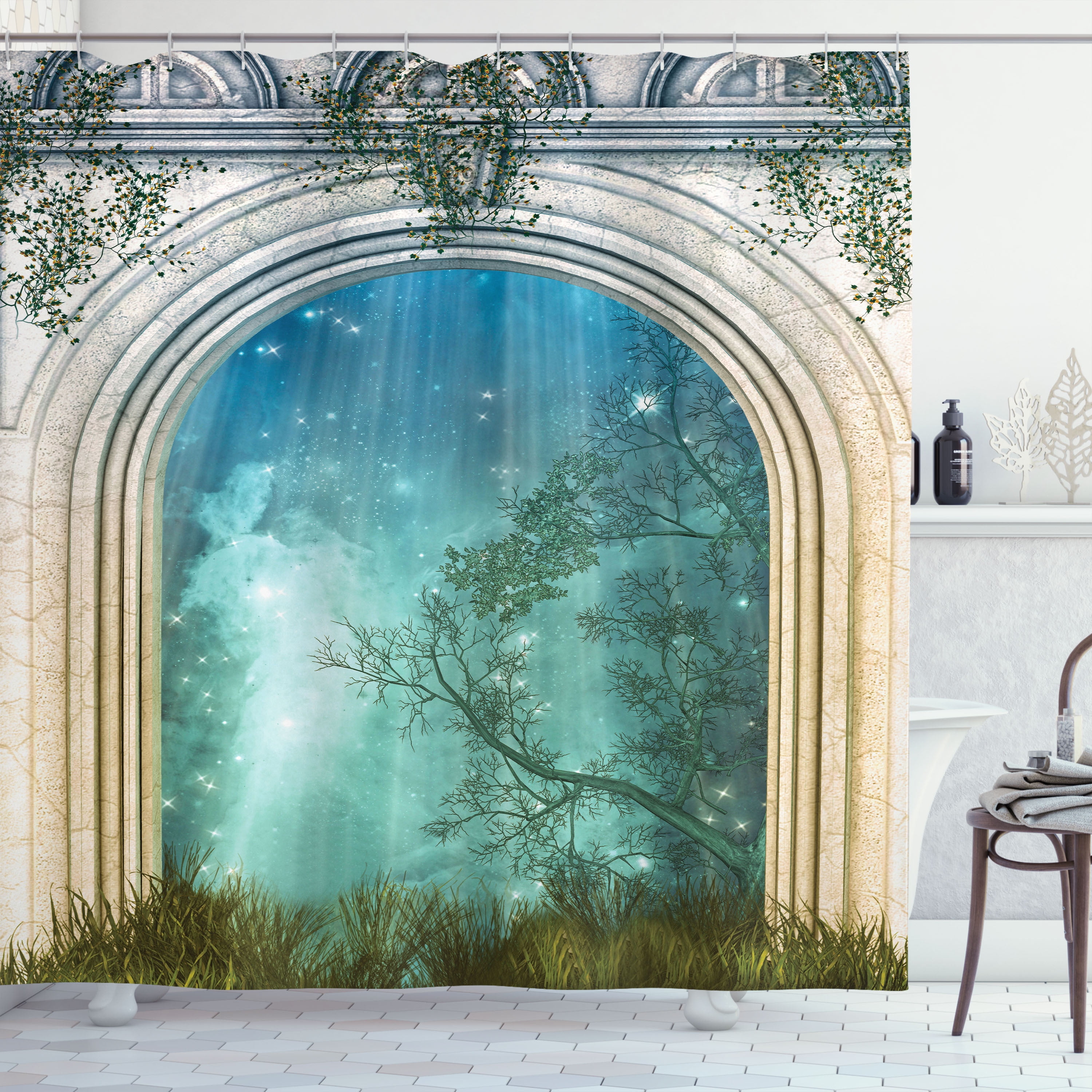 Ambesonne Forest Shower Curtain, Door Stars, 69"Wx75"L, Blue Beige ...