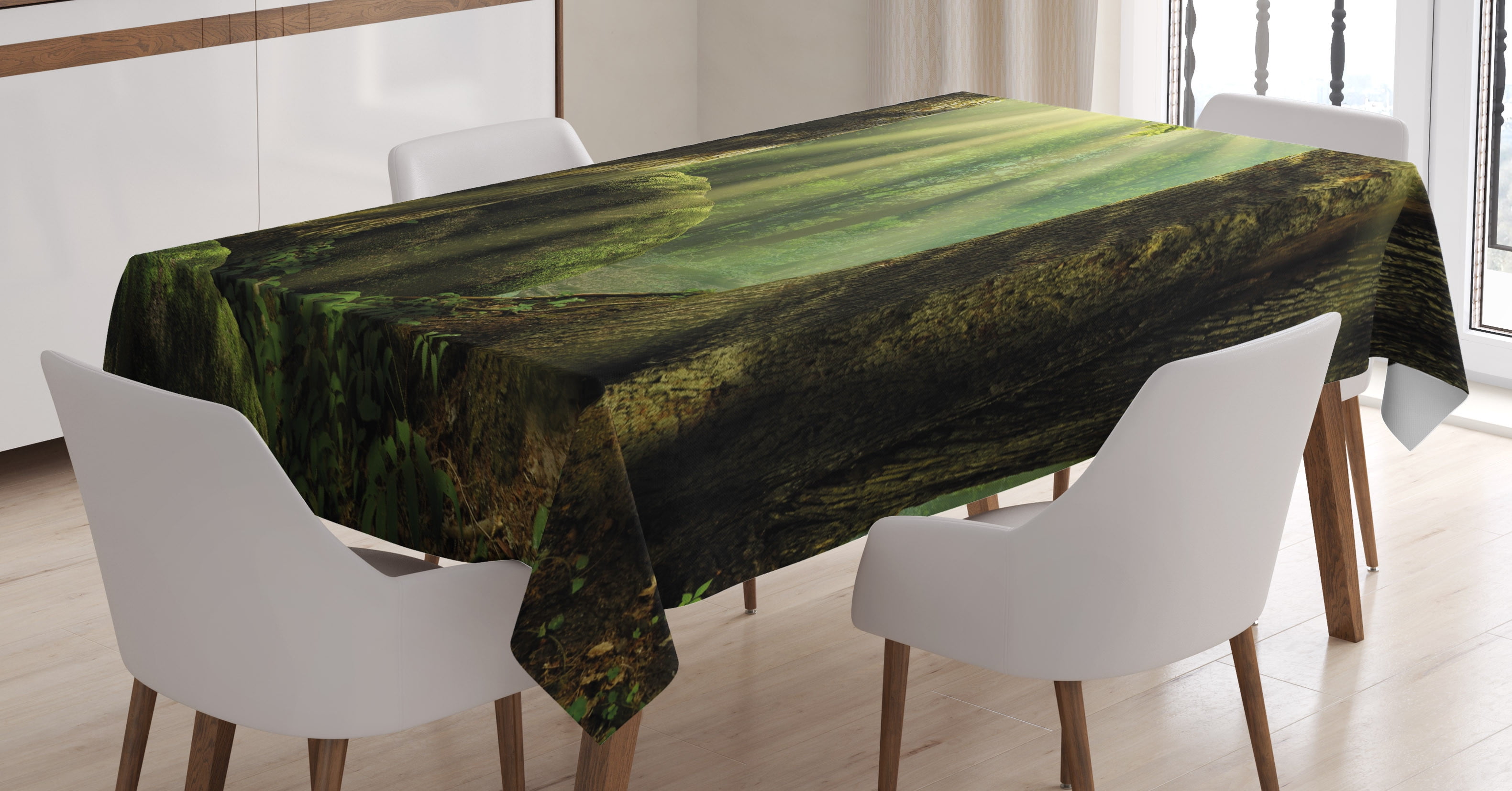 Ambesonne Forest Tablecloth Rectangular Table Cover, Sunbeam Moss Tree ...