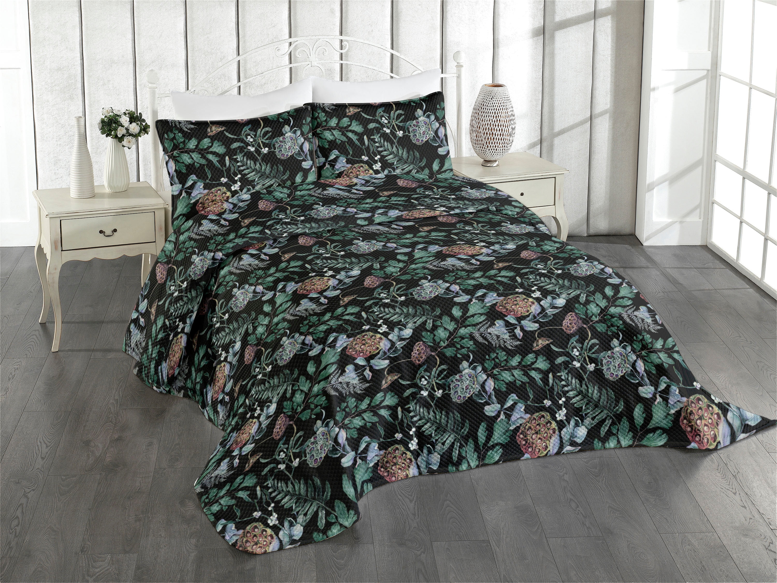 Ambesonne Forest Vibes Quilted Coverlet 2 Pcs, Night Woodland Leaves ...