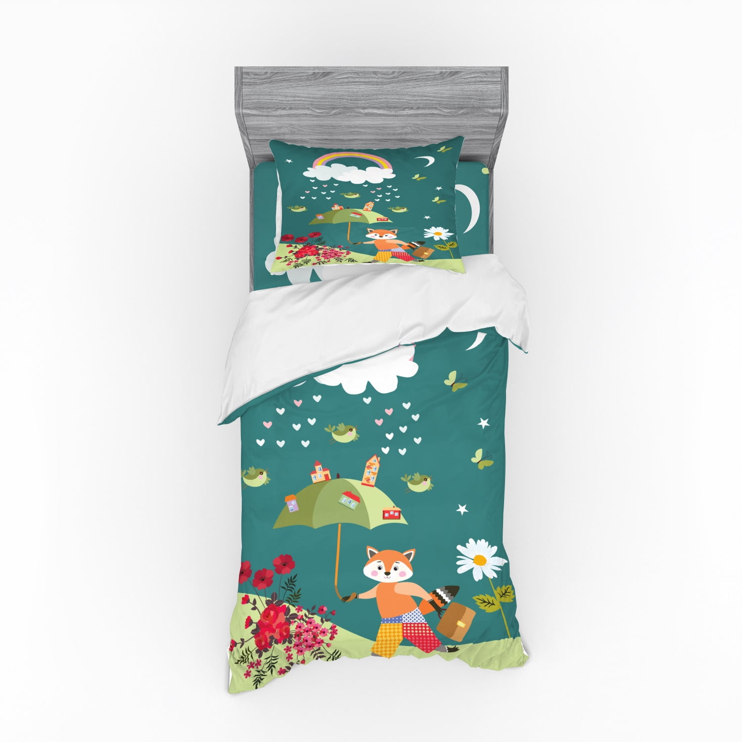Ambesonne Fox Bedding Set 3 Pcs, Forest Animal Hearts Flowers, Twin ...