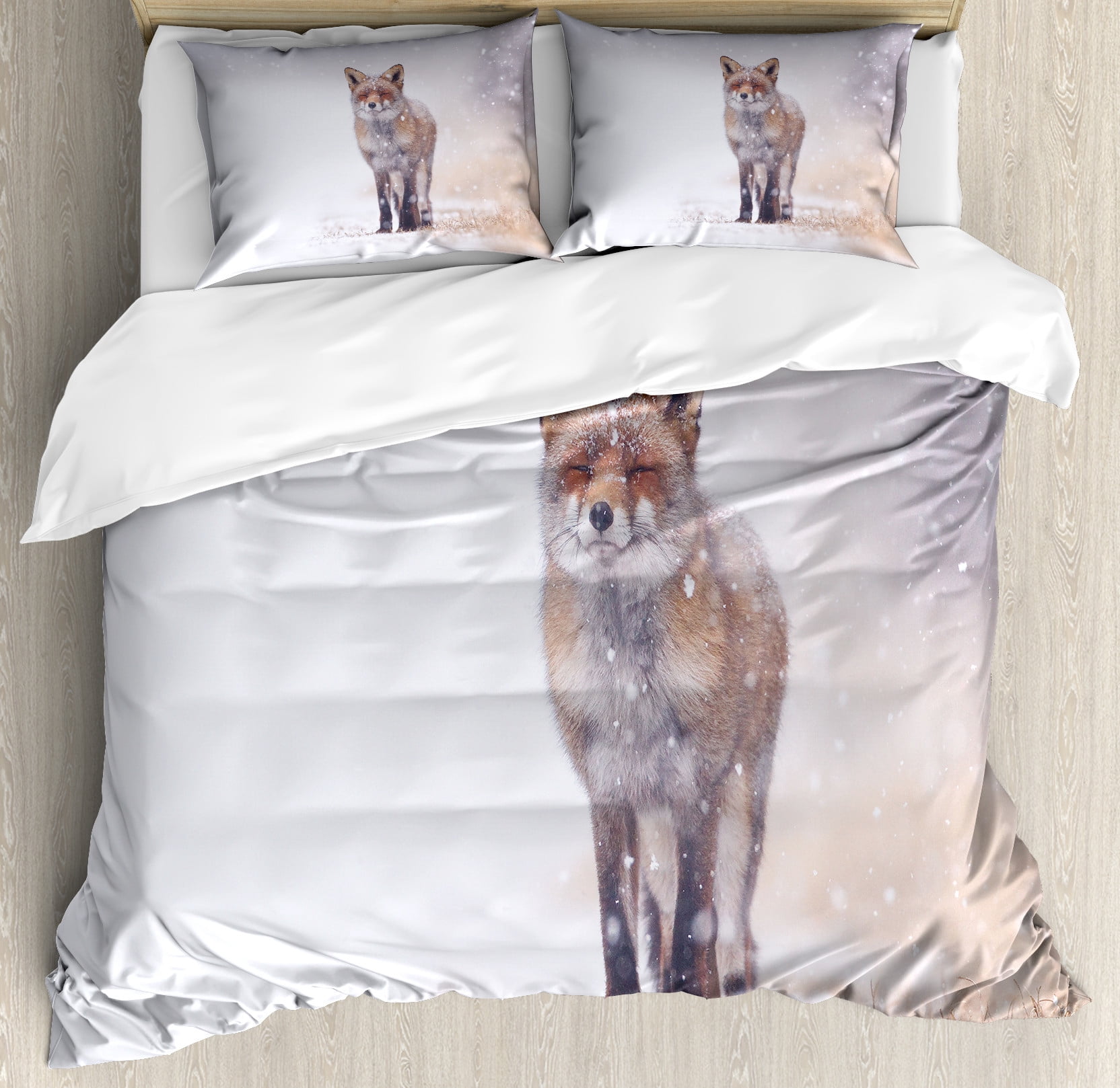 Ambesonne Fox Duvet Cover Set, Rural Field Snow Stormy, Queen, Brown ...