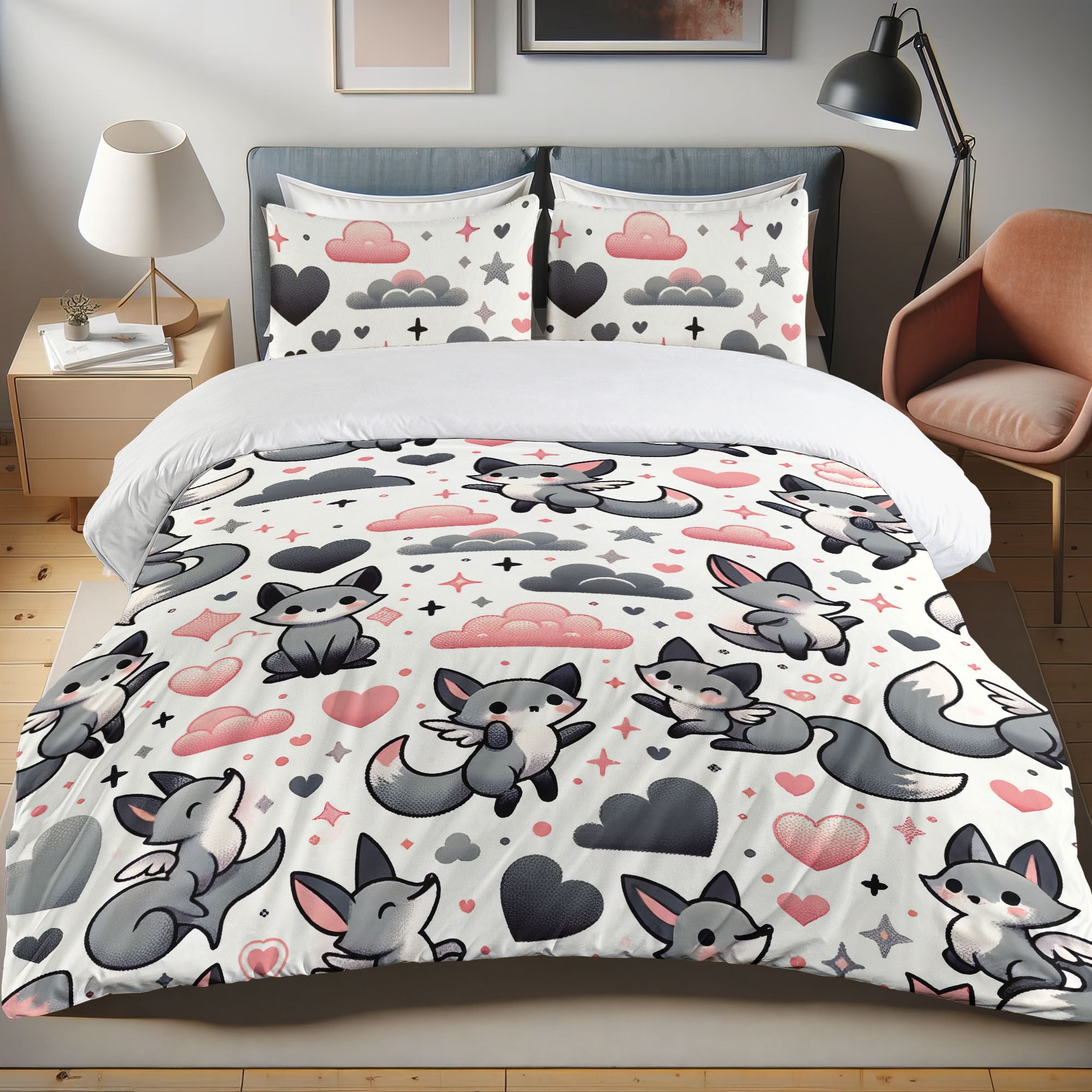 Ambesonne Fox Duvet Cover Set, Whimsical Foxes Clouds Hearts, Queen ...