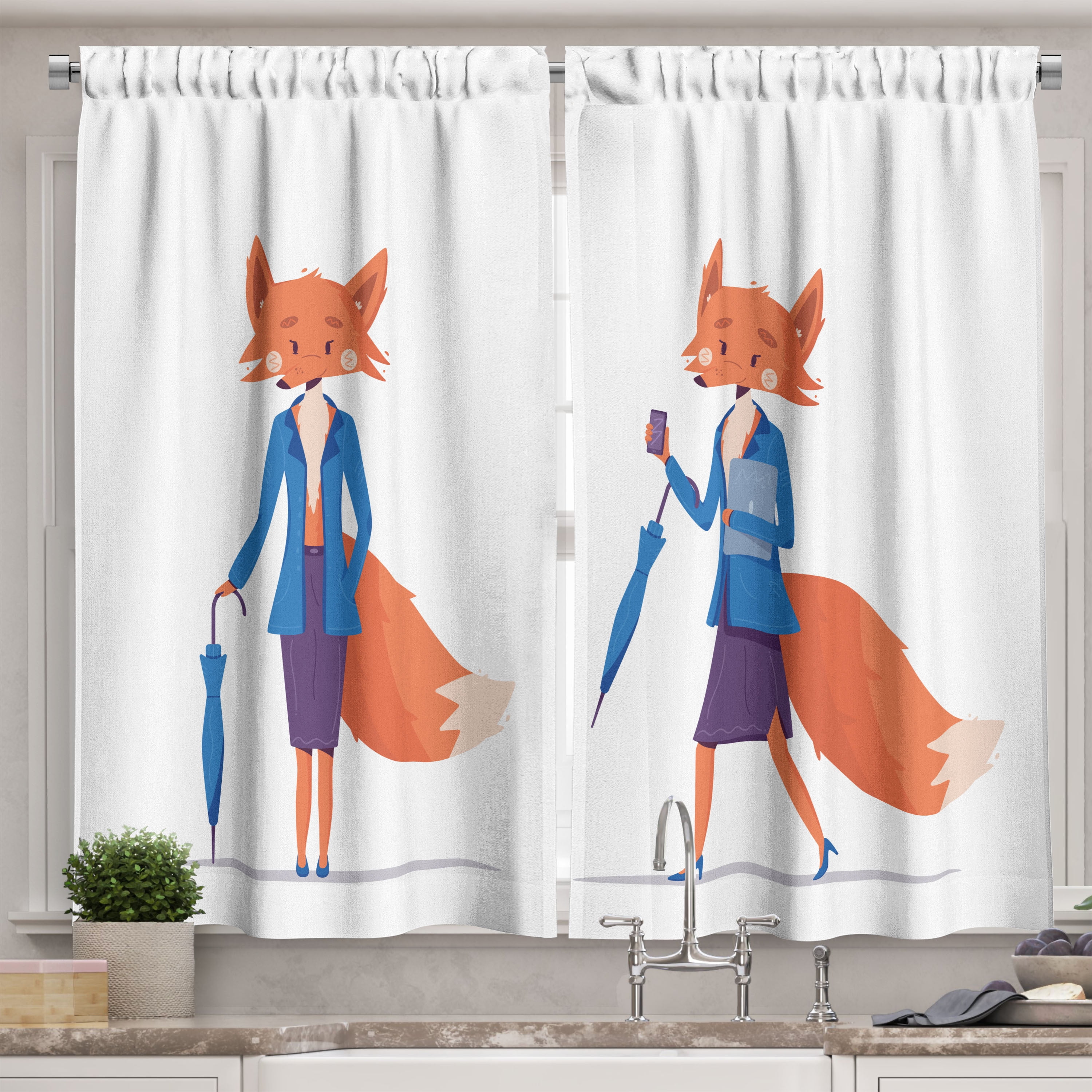 Ambesonne Fox Kitchen Curtains, Lady Animals with Umbrellas, 55"x30 ...