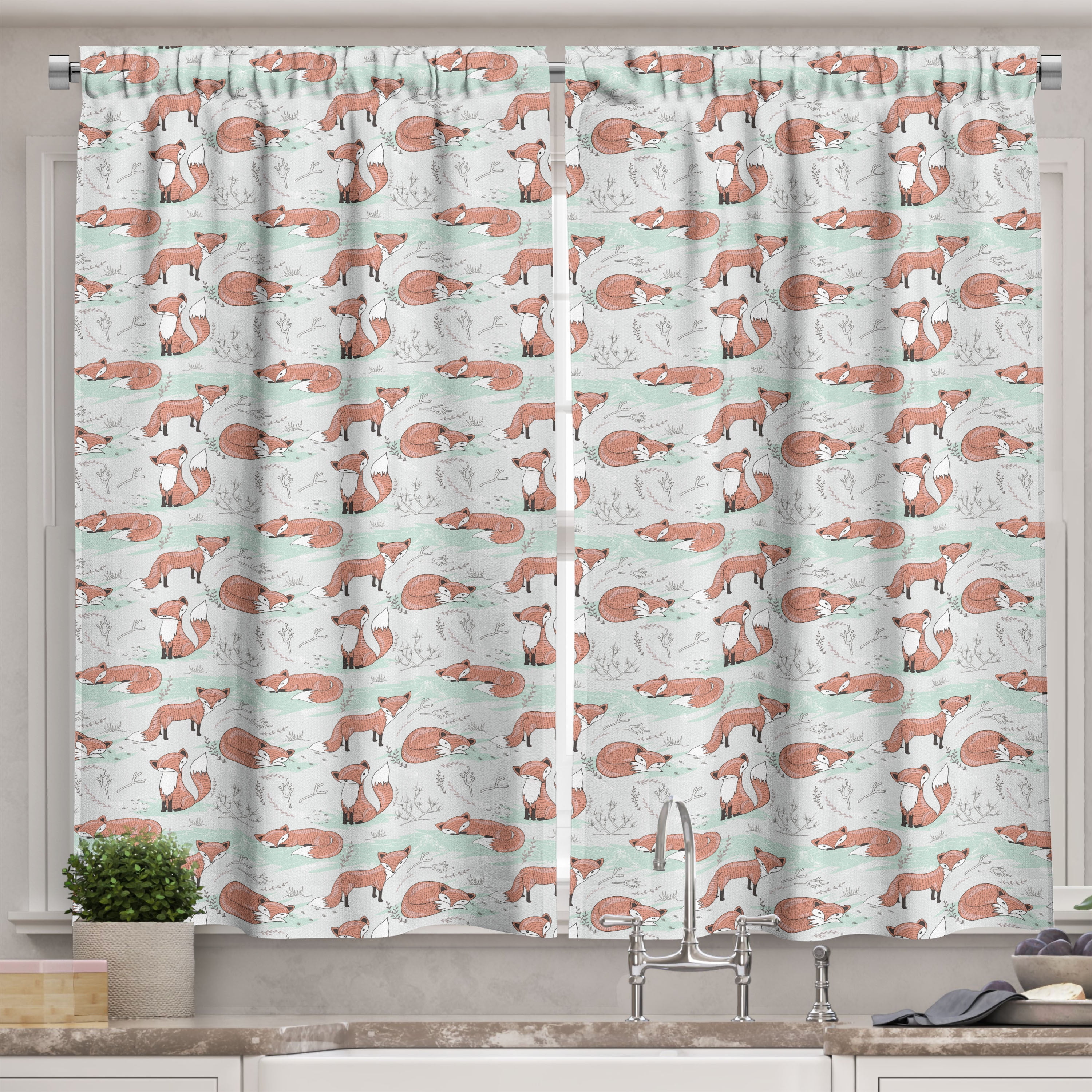 Ambesonne Fox Kitchen Curtains, Wild Forest Animals Polka Dots, 55"x45 ...