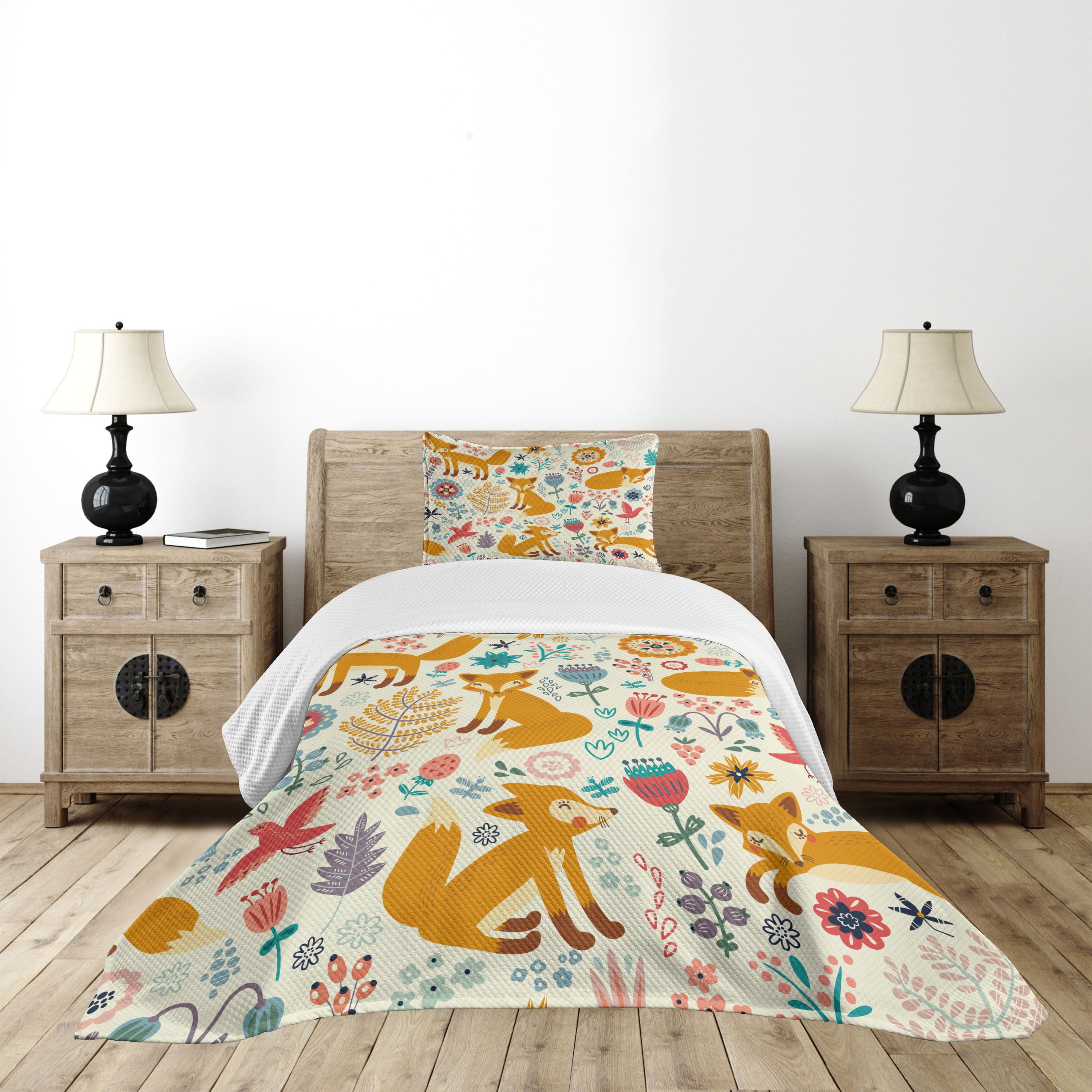 Ambesonne Fox Quilted Bedspread Set 2 Pcs, Foxes Ornate Flowers Birds ...