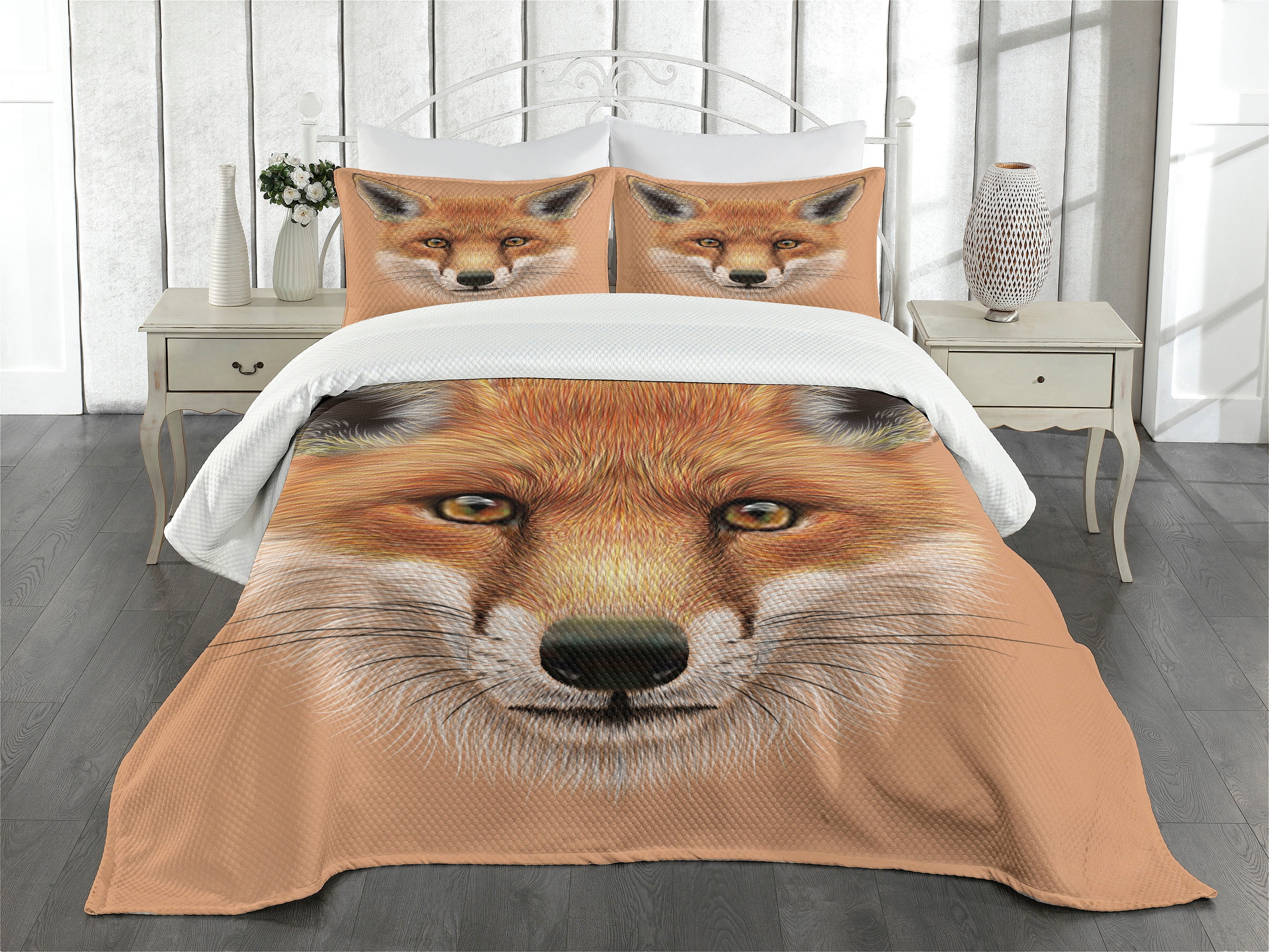 Ambesonne Fox Quilted Bedspread Set 3 Pcs, Fluffy Face Forest, King ...