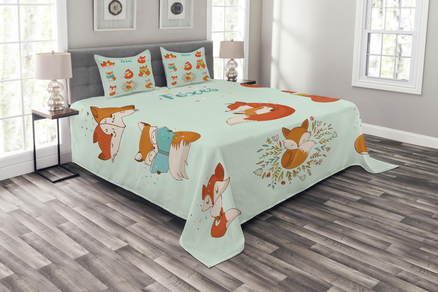 Ambesonne Fox Quilted Bedspread Set 3 Pcs, Fun Characters Comic, King ...