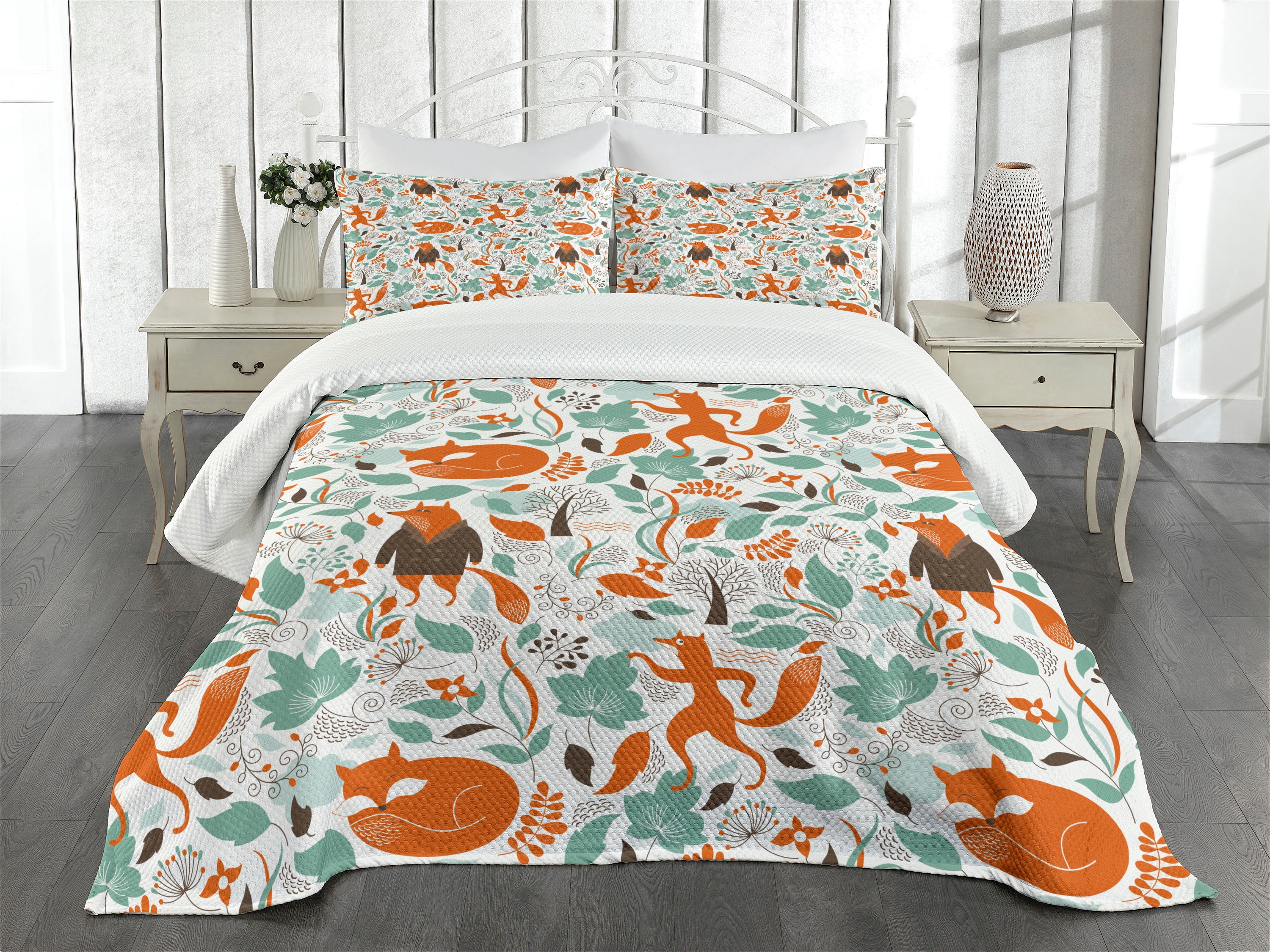 Ambesonne Fox Quilted Bedspread Set 3 Pcs, Funny Garden, King Size ...