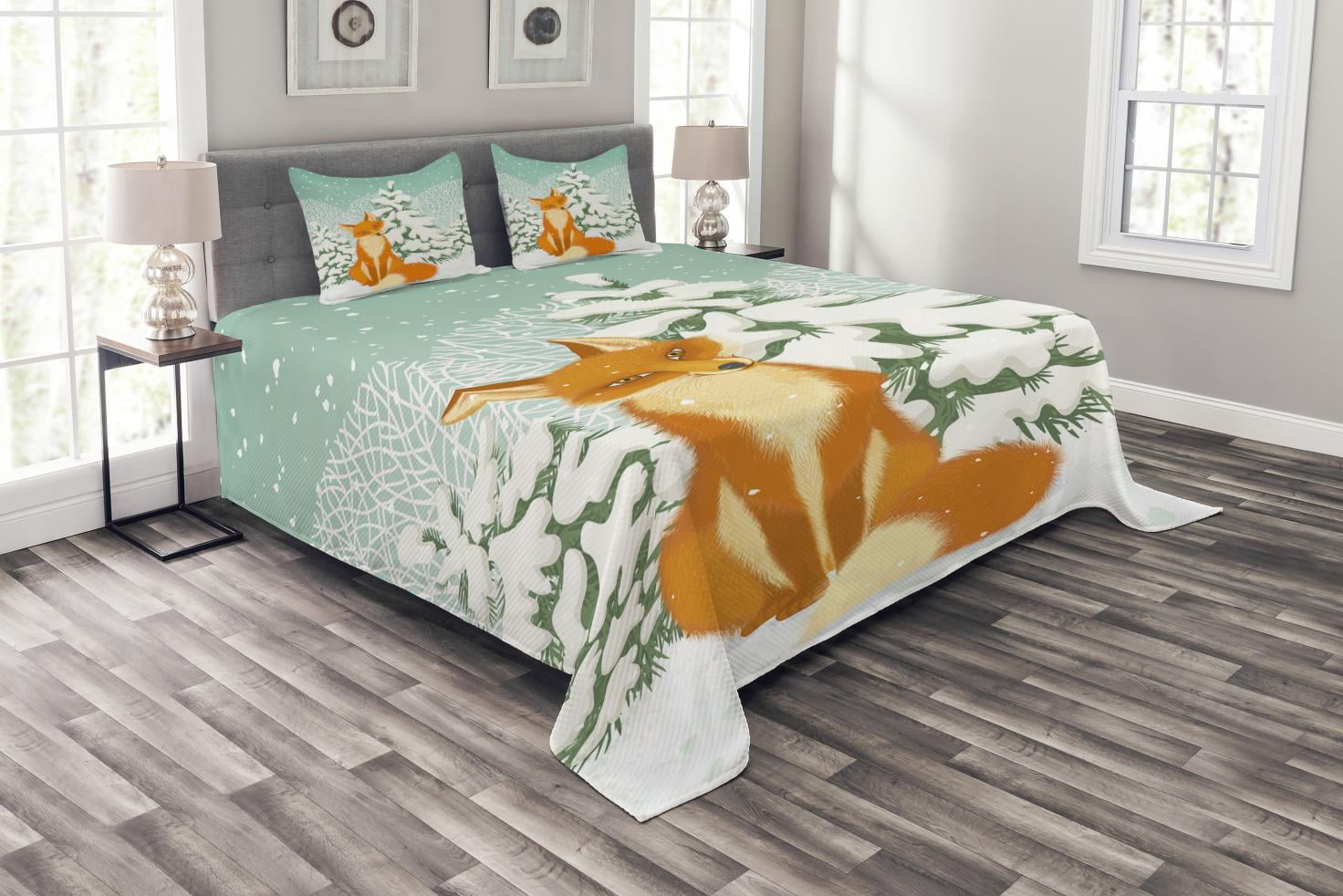 Ambesonne Fox Quilted Bedspread Set 3 Pcs, Red Fox Winter Forest Xmas ...