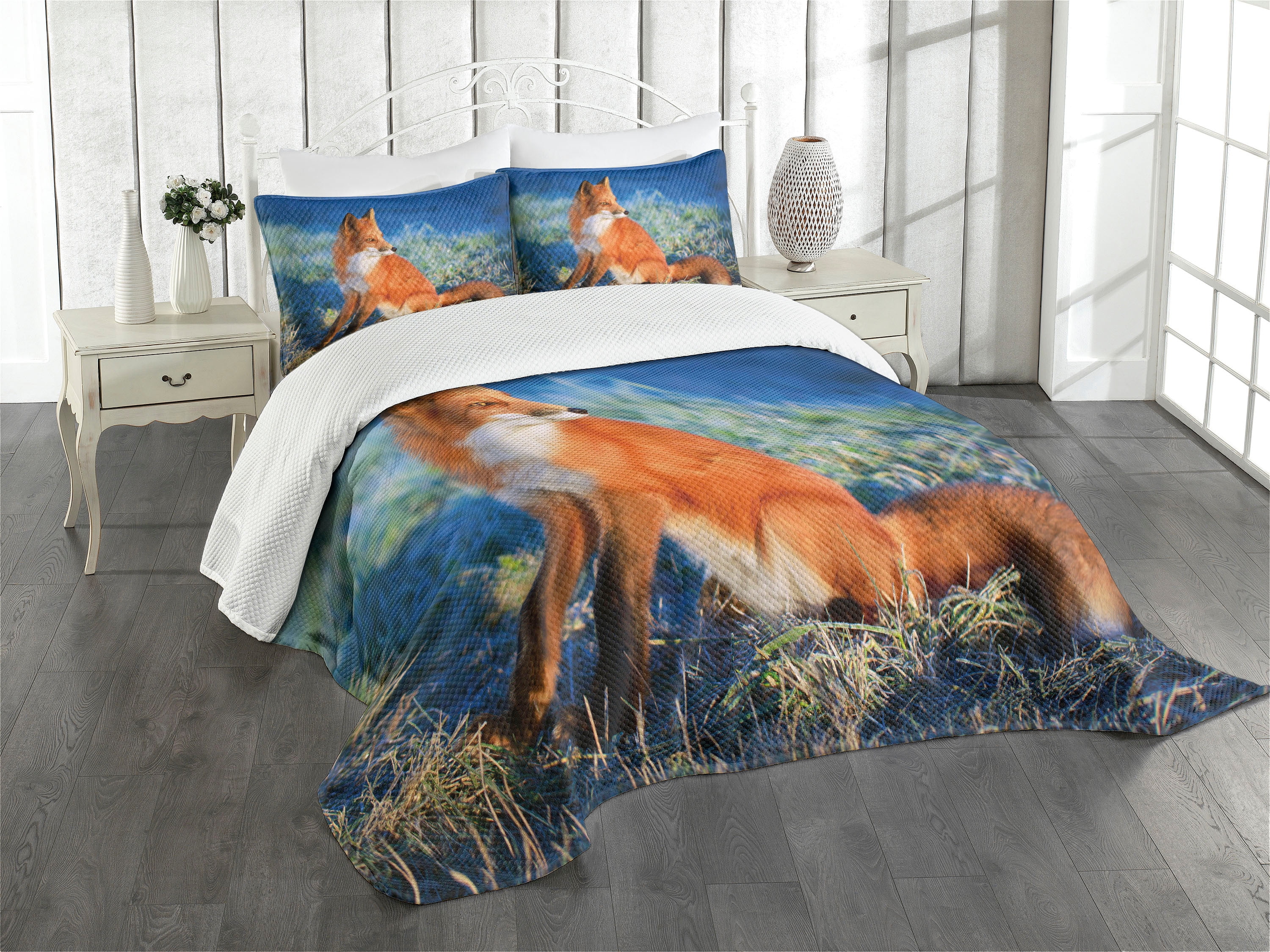 Ambesonne Fox Quilted Bedspread Set 3 Pcs, Serene Cold Autumn Field ...