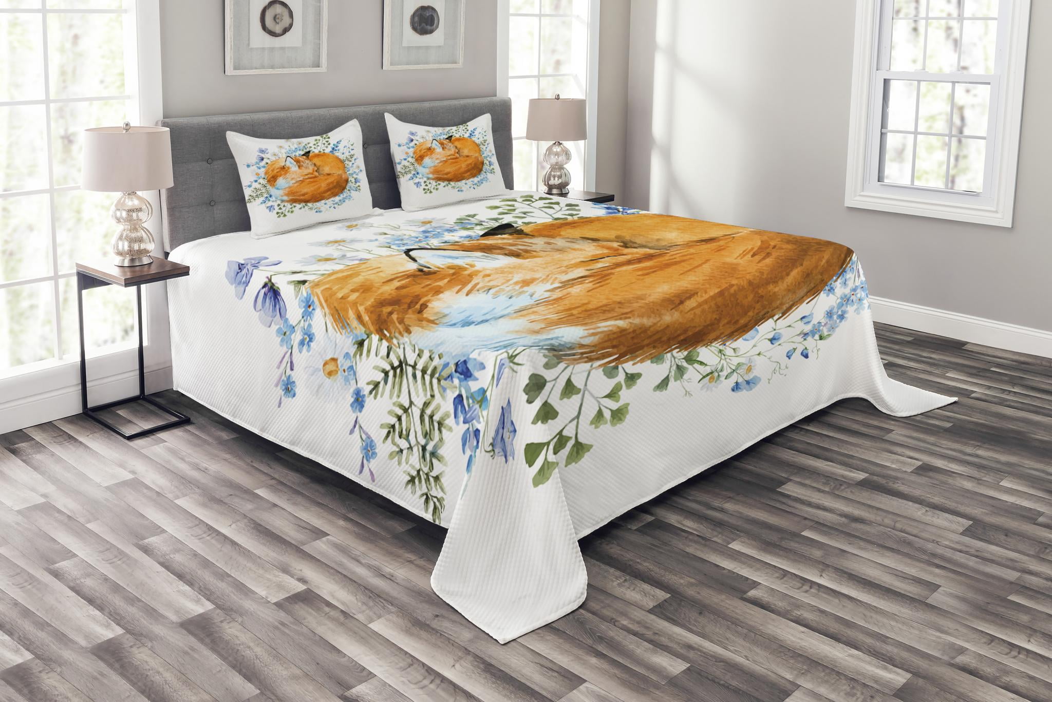 Ambesonne Fox Quilted Bedspread Set 3 Pcs, Sleeping Fox Watercolors ...