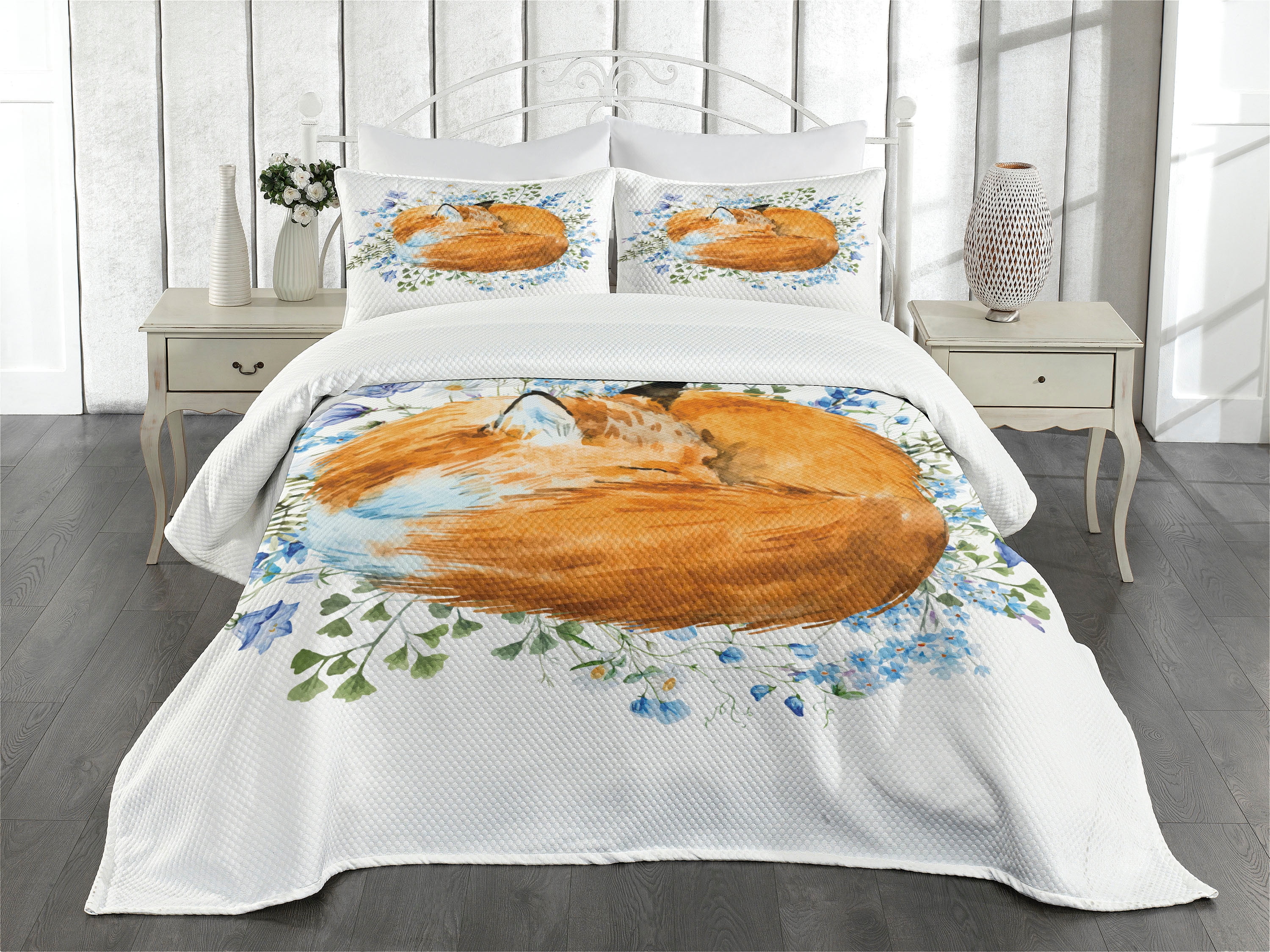Ambesonne Fox Quilted Bedspread Set 3 Pcs, Sleeping Fox Watercolors ...